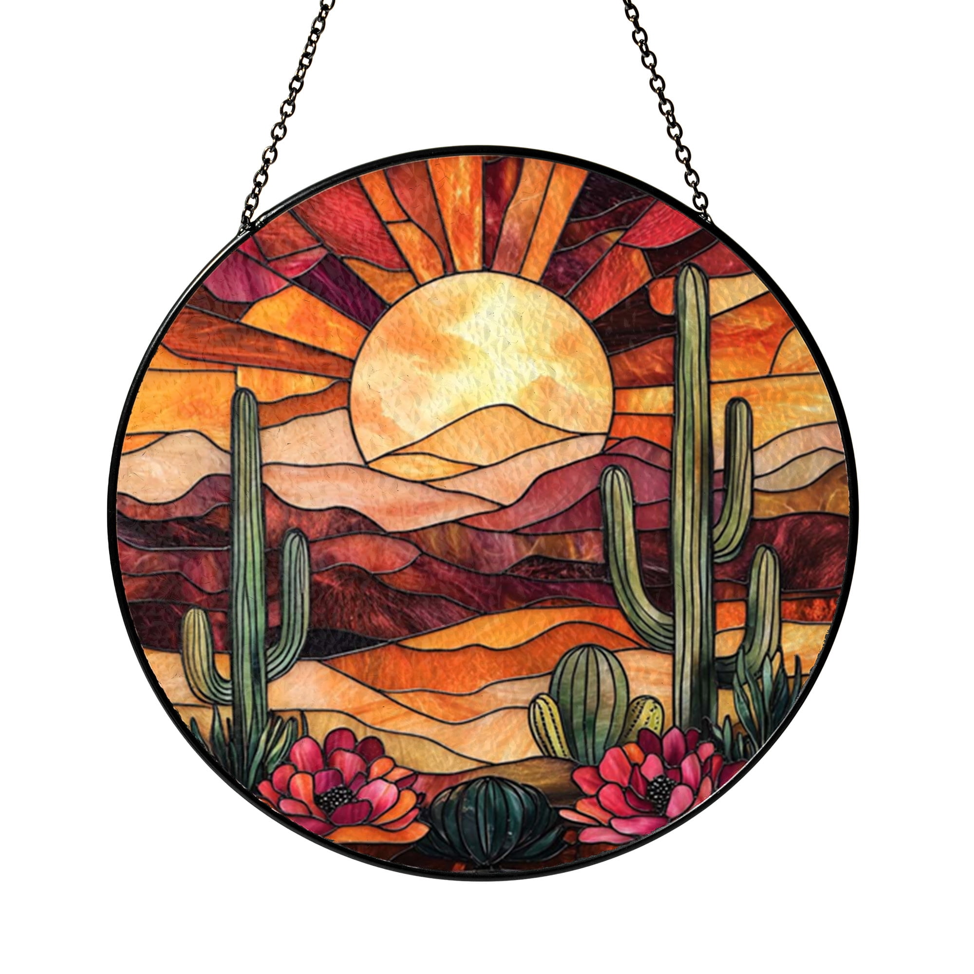 Desert Sunset Cactus Stained Glass Suncatcher, Southwestern Landscape ...