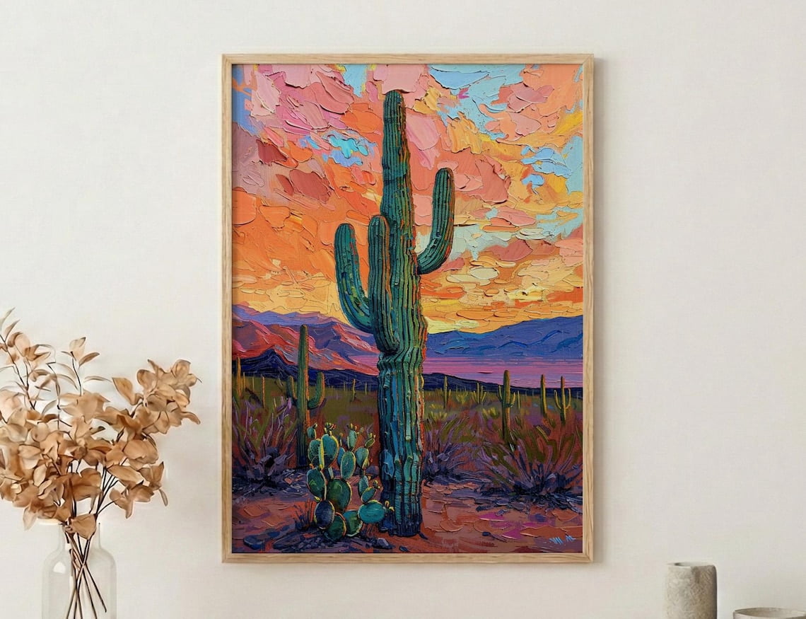 Desert Sunset Saguaro Cactus Colorful Mexican Southwest Impasto ...