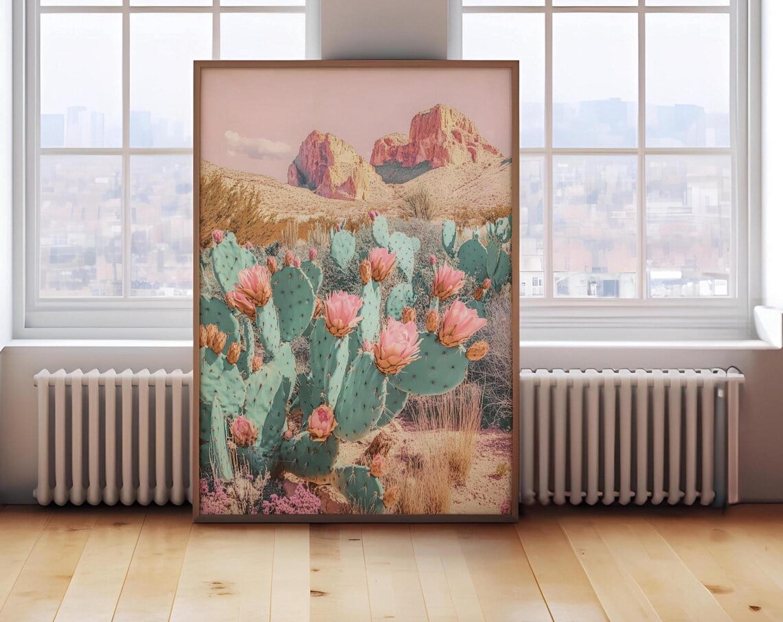 Desert Wall Art Poster, Boho Cactus Landscape, Southwest Pink Mountain ...
