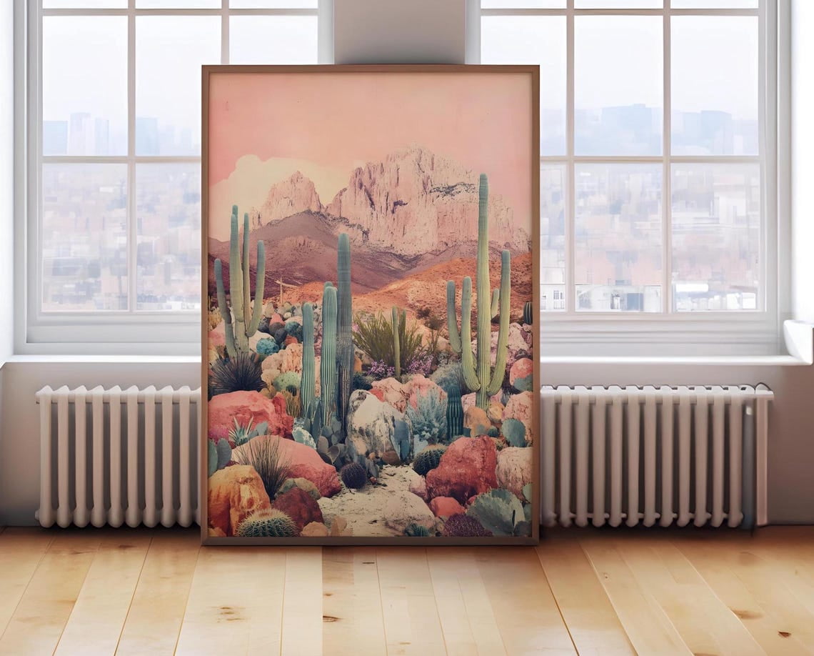 Desert Wall Art Poster, Boho Cactus Landscape, Southwest Pink Mountain ...