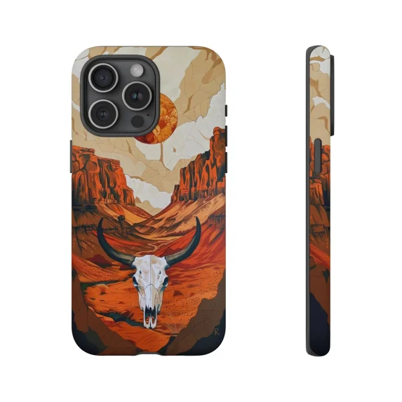 Desert Western Landscape Horned Steer Art Phone Case with iPhone 11-17 ...