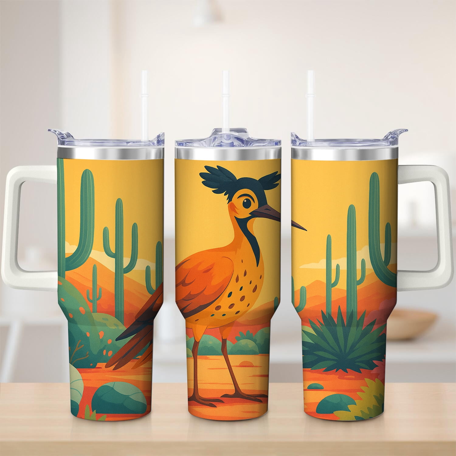 Desert Wildlife Cactus Bird Stainless Steel Insulated Mug with Lid and ...