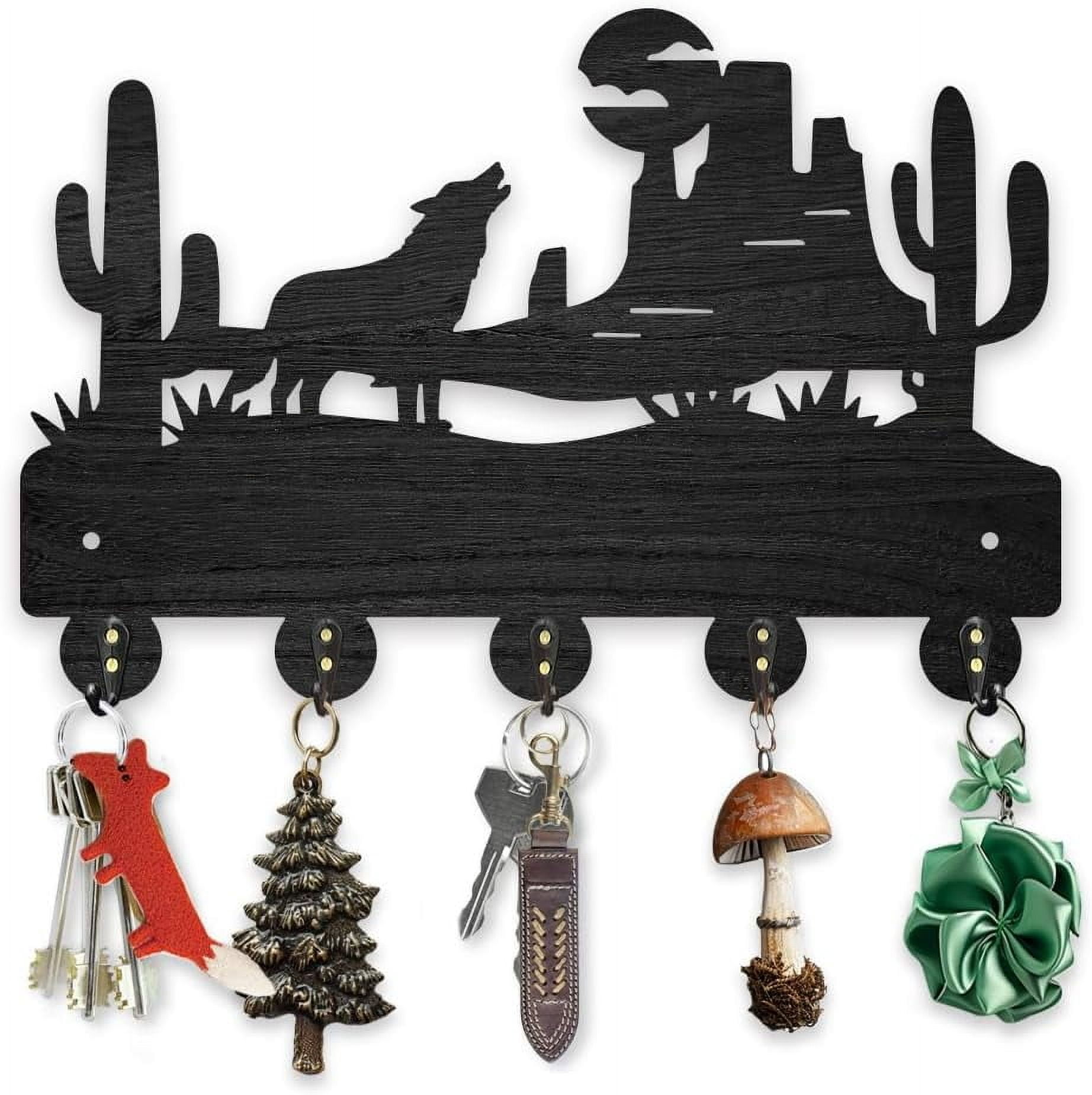 Desert Wolf Wall Mounted Key Holder Wooden Coat Rack with 5 Alloy Hooks ...