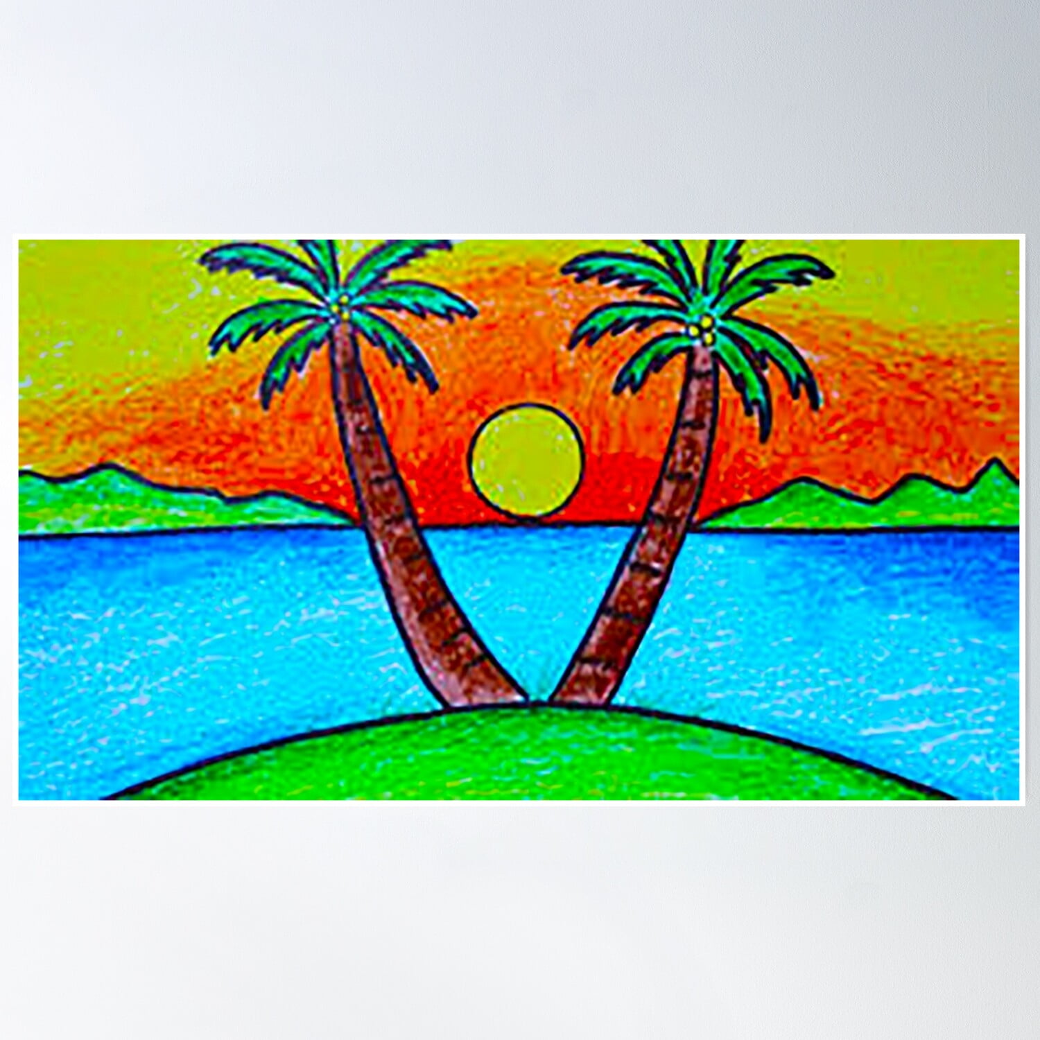 Deserted Island, Tropical Sunset, Crayon Tropical Sunset, Palm Trees ...