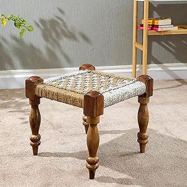 Desi Favors Hand Woven Jute Stool - Vintage Woven Jute Rope & Wood ...