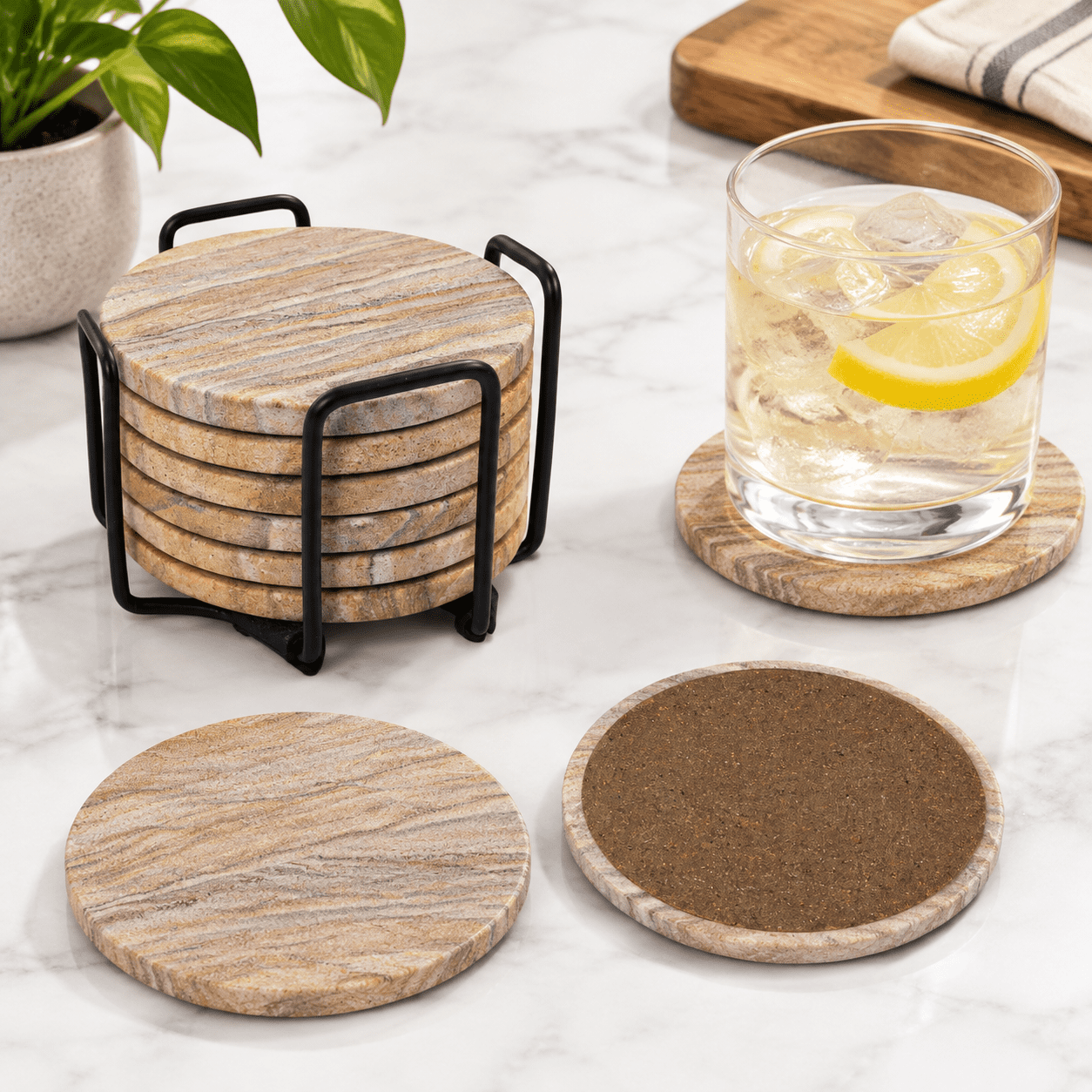 Design 3 Sandstone Round Water Absorbent Drink Coasters Set of 6 with ...