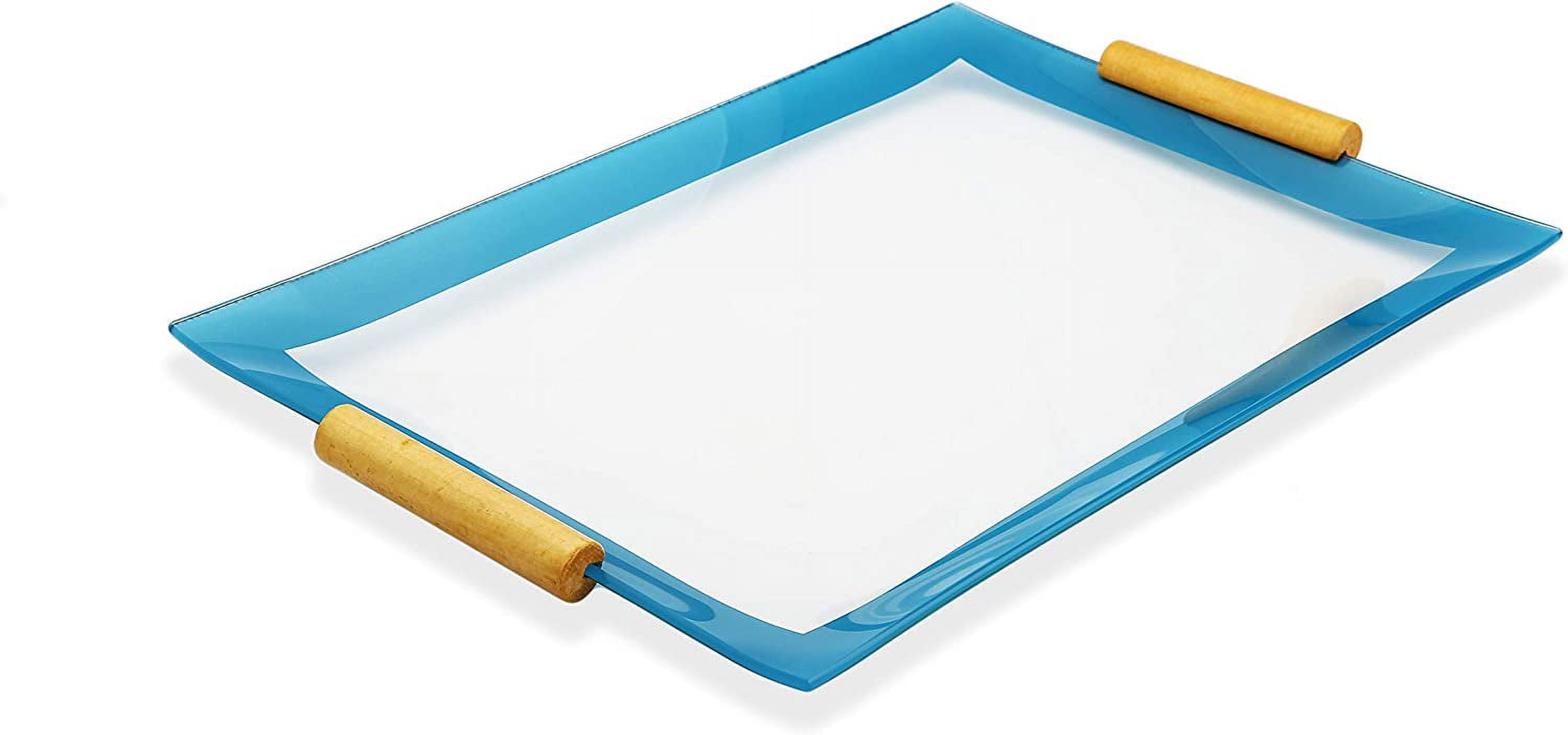 Design Blue Rectangular Tempered Glass Serving Tray with Wooden Handles ...