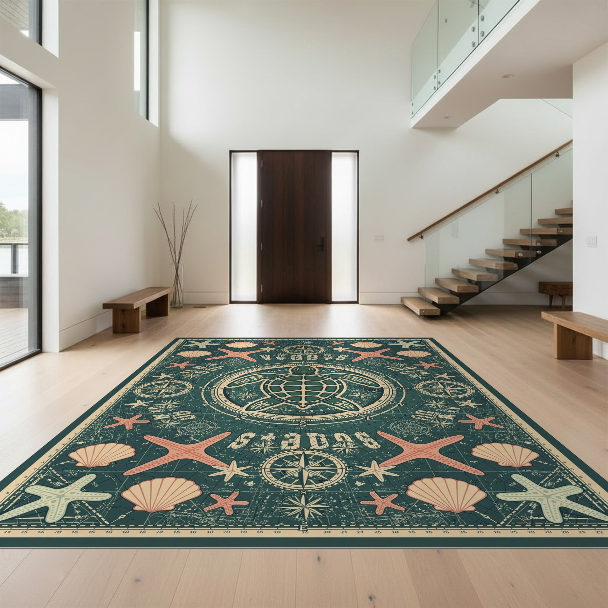 Design&I 3'x5' Ultra Soft Throw Mat, Nautical Round Chart Starfish ...