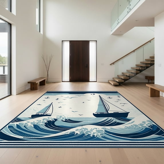 Design&I 4'x6' Ultra Soft Area Rug, Nautical Sailboat Wave Border ...