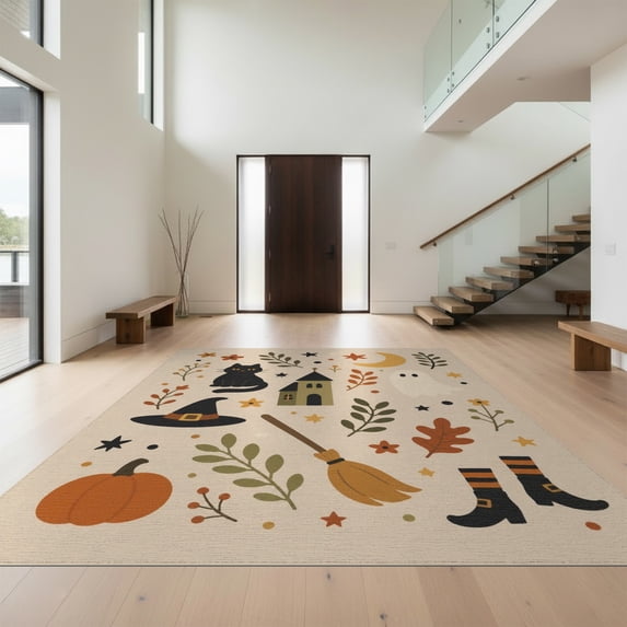 Design&I 5'x7' Washable Area Rug Beige Black Halloween Whimsy Design ...