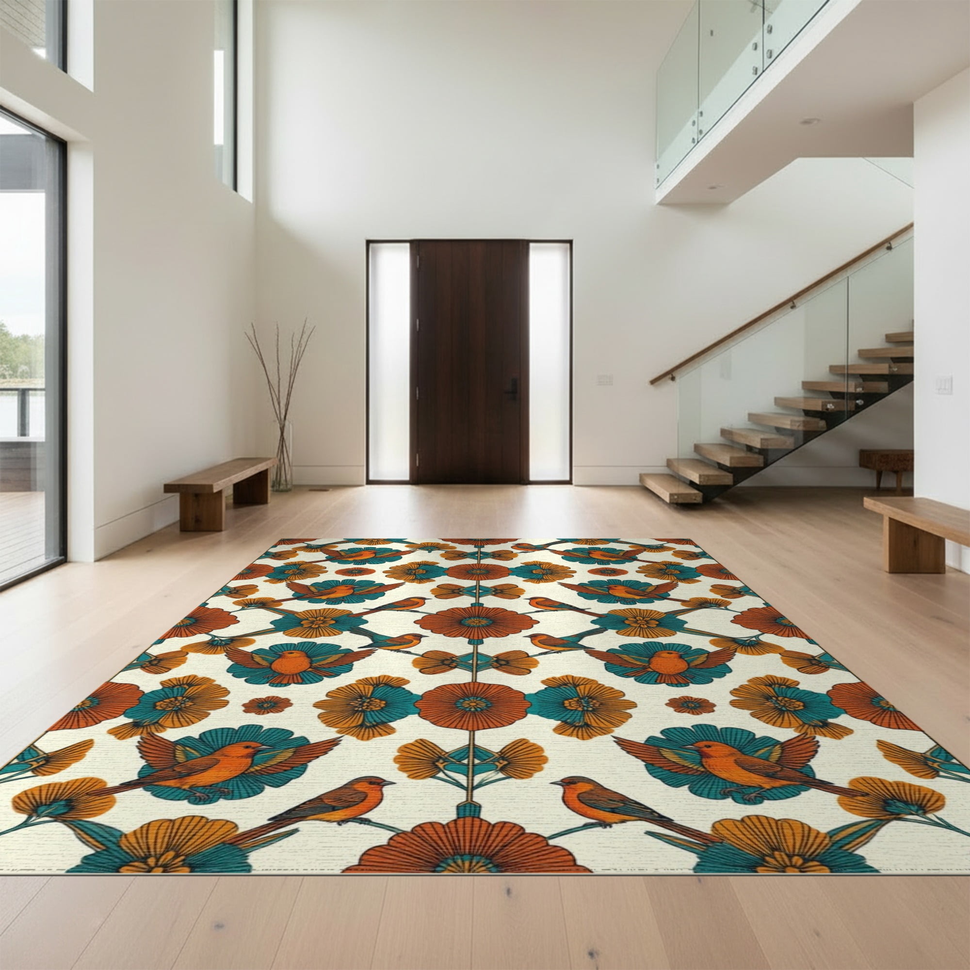 Design&I 6'x9' Washable Area Rug Retro Playful Mid Avian Motif ...