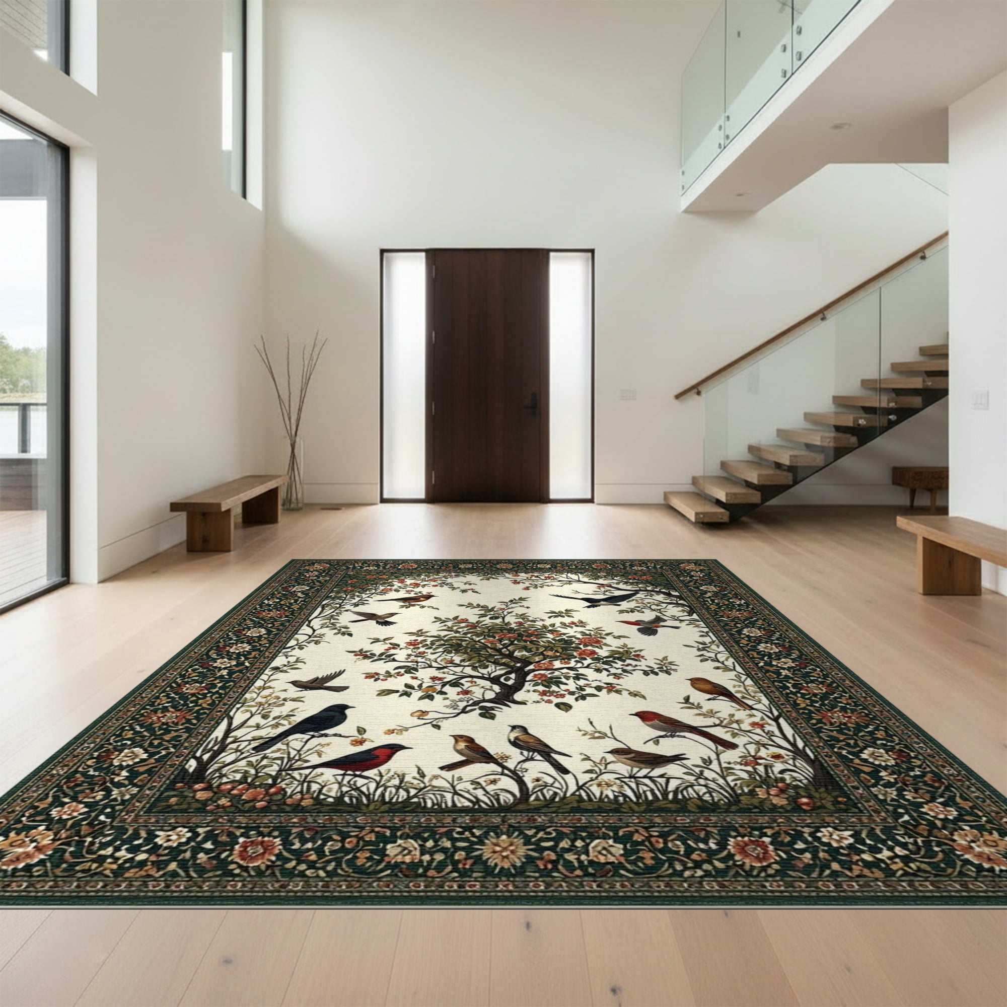 Design&I 9'x12' Washable Area Rug Moody Rustic Bird Medallion With Boho ...