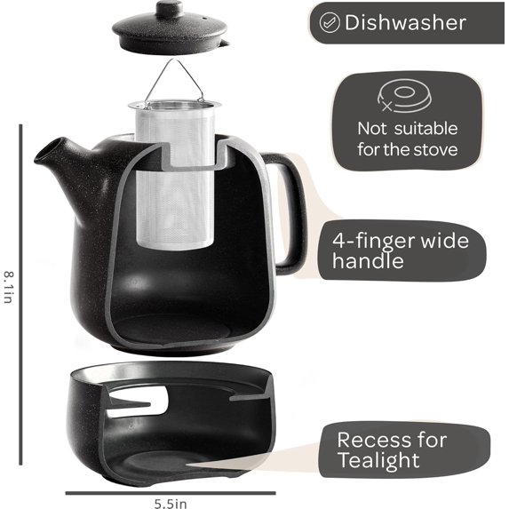 Design Tea Pot with Warmer (44 oz) - Premium Ceramic Teapot with ...