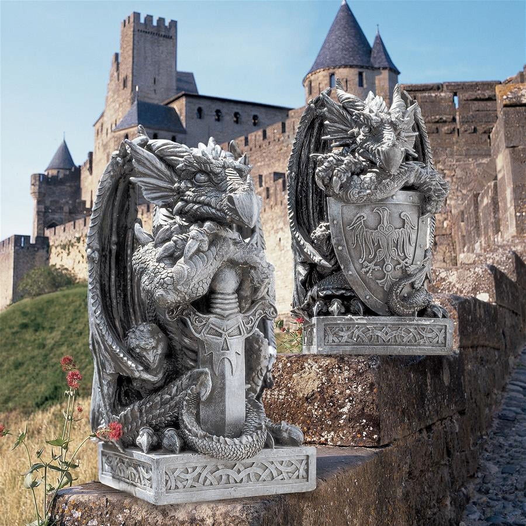 Design Toscano The Arthurian Dragon Statues: Set of Sword & Shield ...