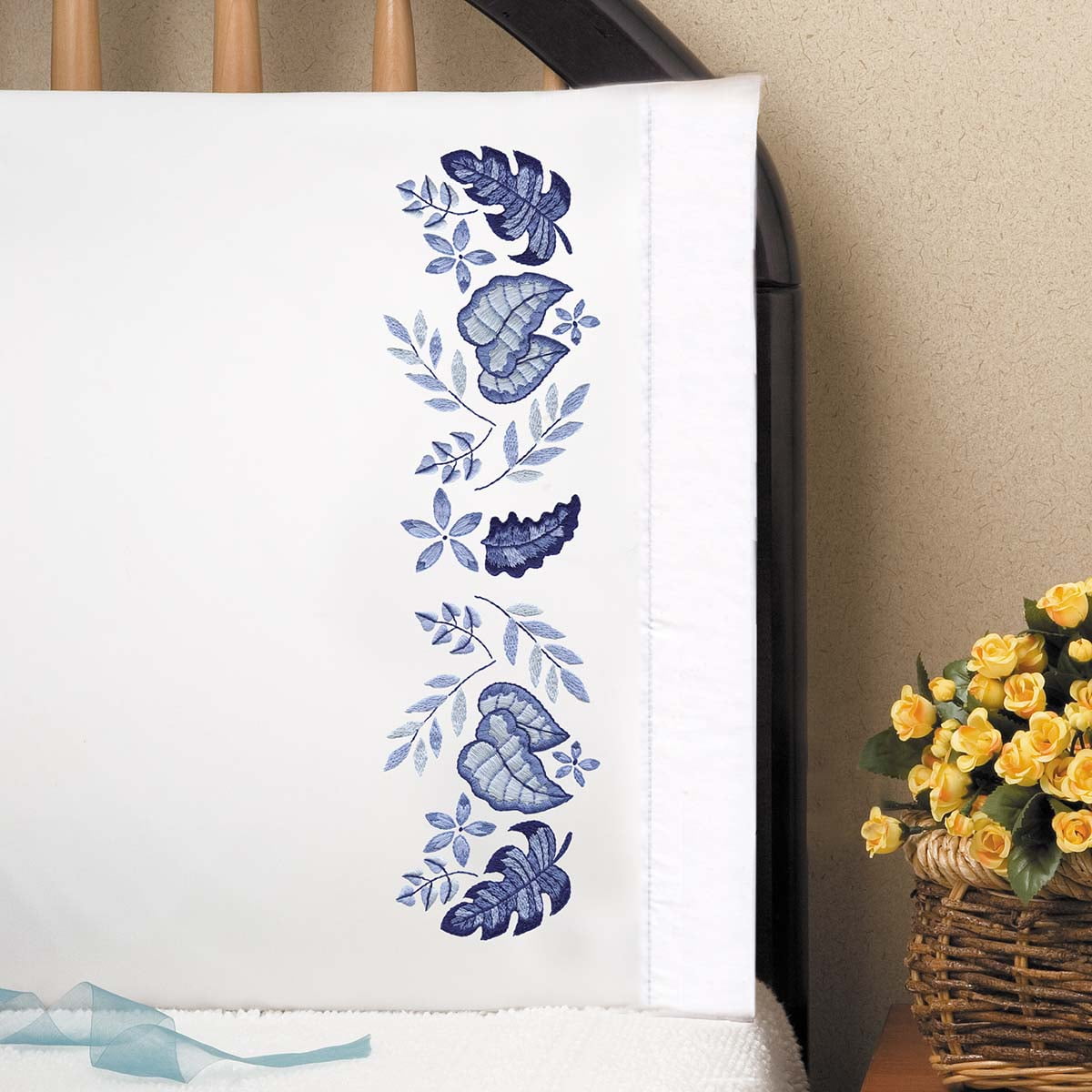 Design Works™ Blue Leaves Pillowcase Set Stamped Embroidery - Walmart.com