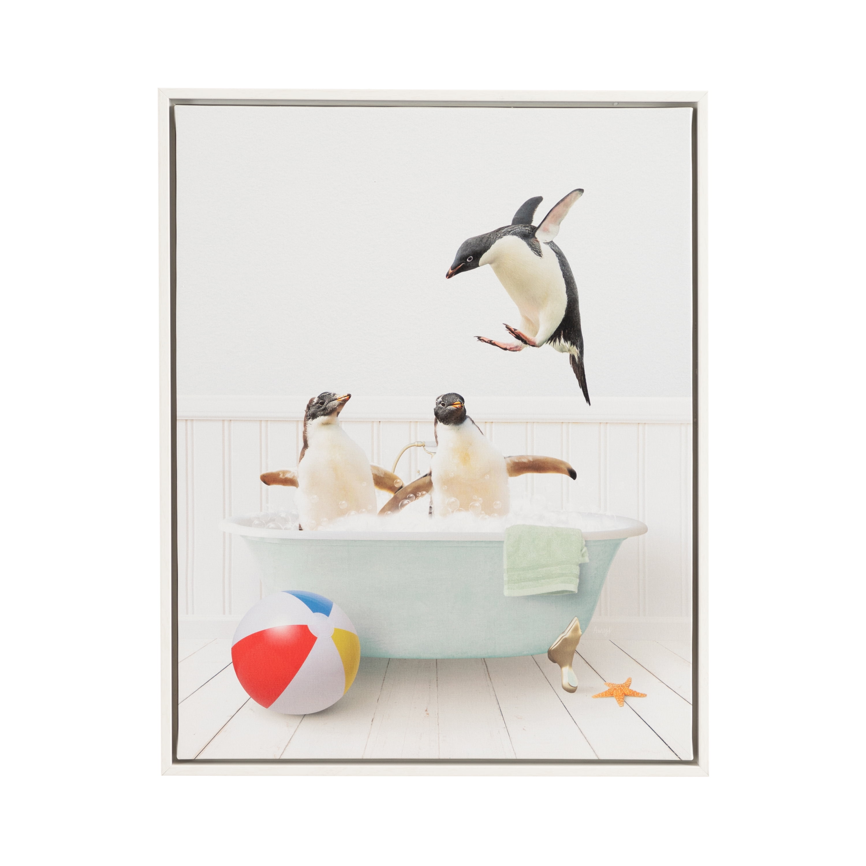 DesignOvation Penguins Beach House Bath 16"x 20" Framed Canvas Art ...