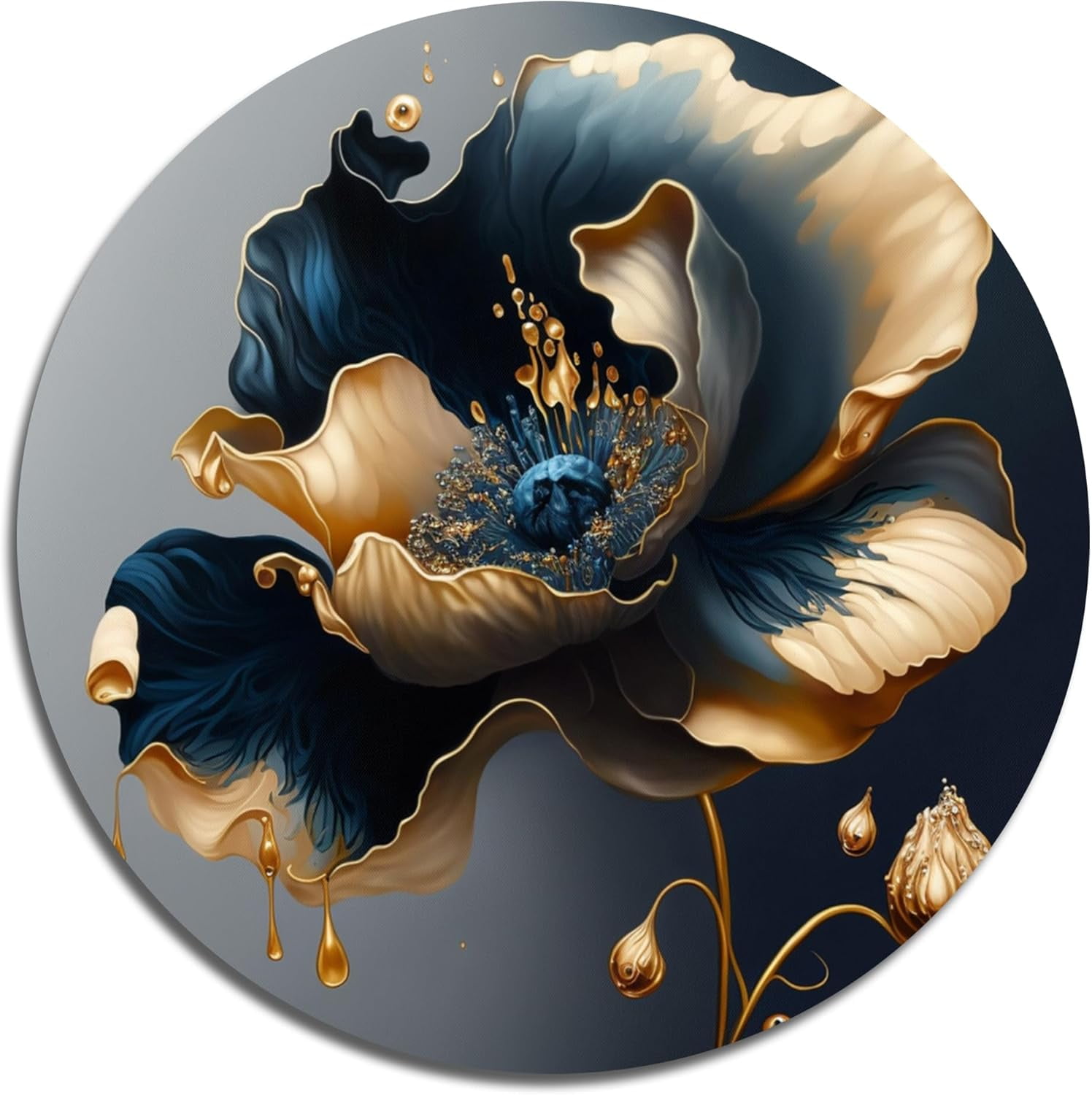 DesignQ Round Metal wall art, Deep Blue and Gold Blossom II - Metal ...
