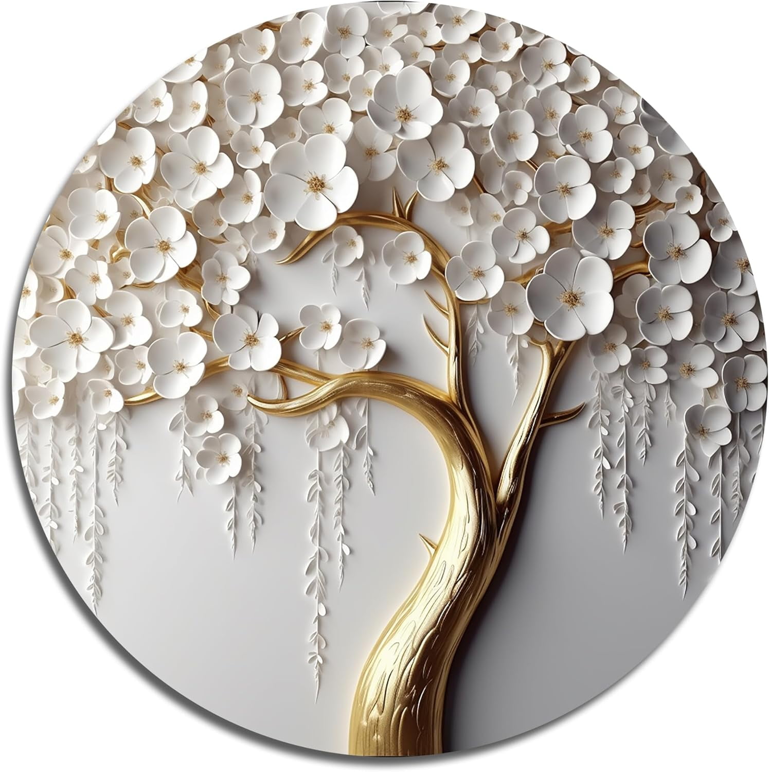 DesignQ Round Metal wall art, Garden of Branches White Orchid Tree II ...