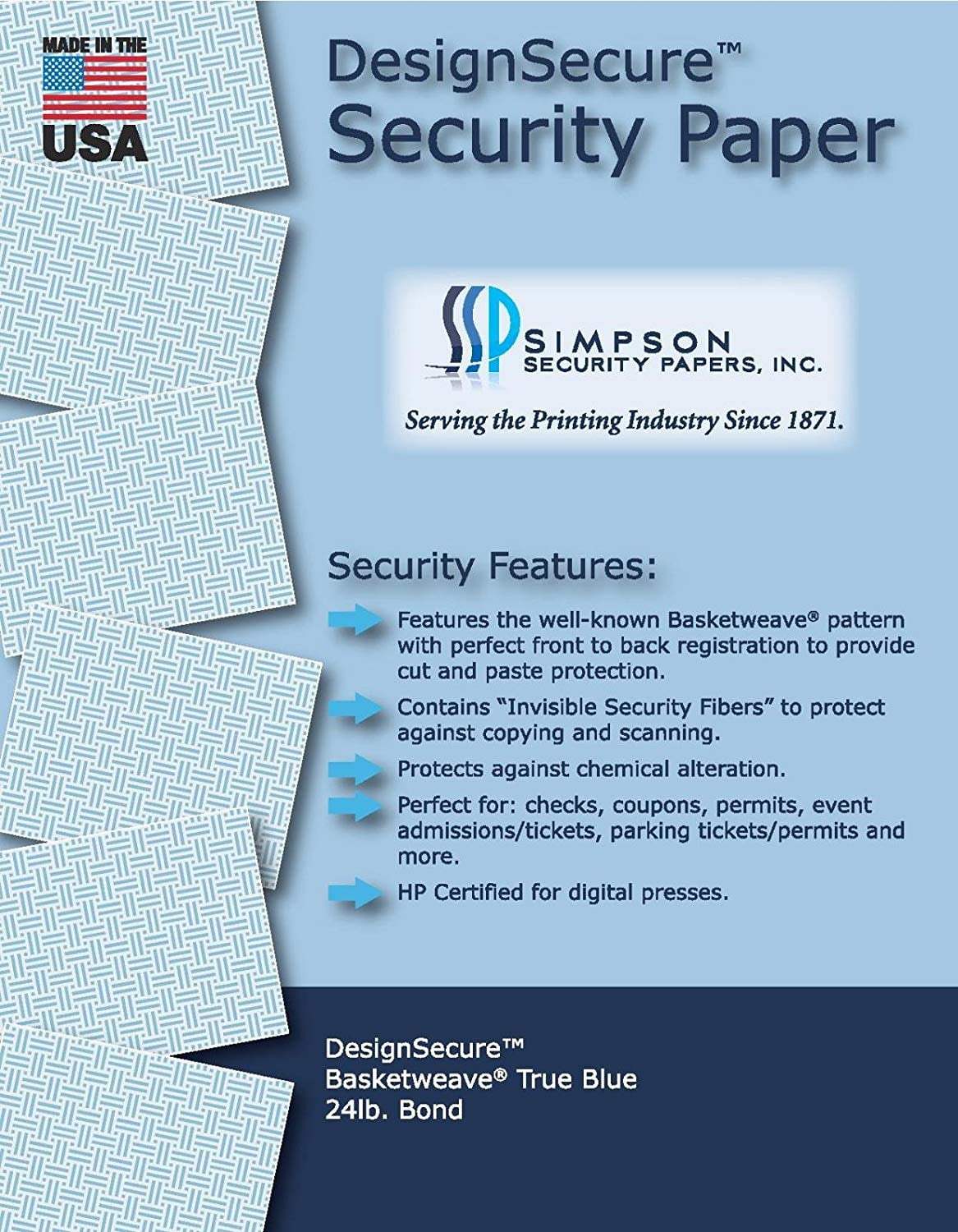 DesignSecure Basketweave True Blue Security Paper 8.5 x 11, 500 Sheets ...