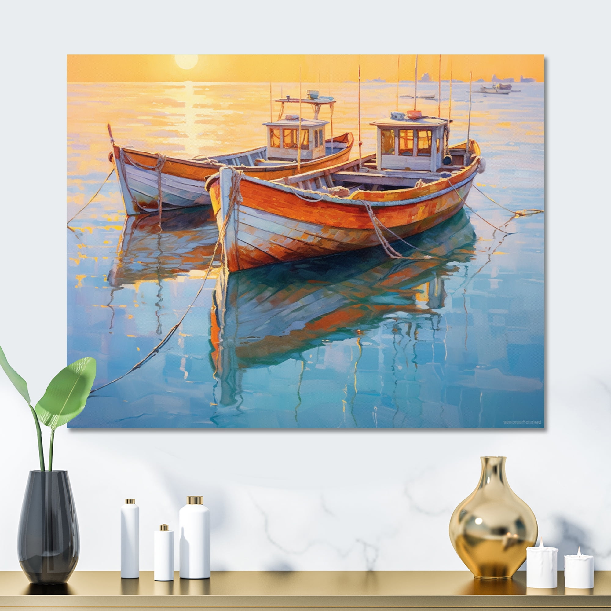 Designart "A Pair of Boats in the Harbor III" Boat Metal Art Living ...