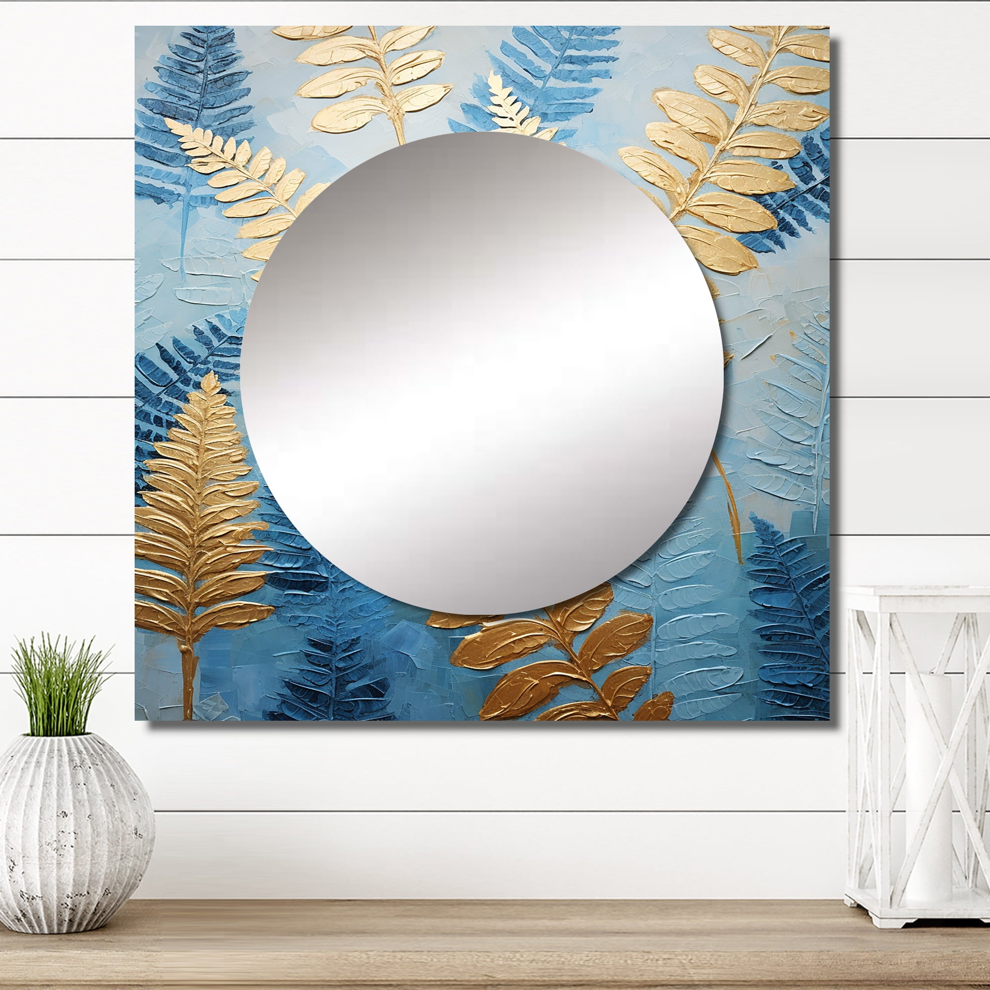 Designart "A Symphony of Blue and Golden Ferns VII" Ferns Square Mirror ...