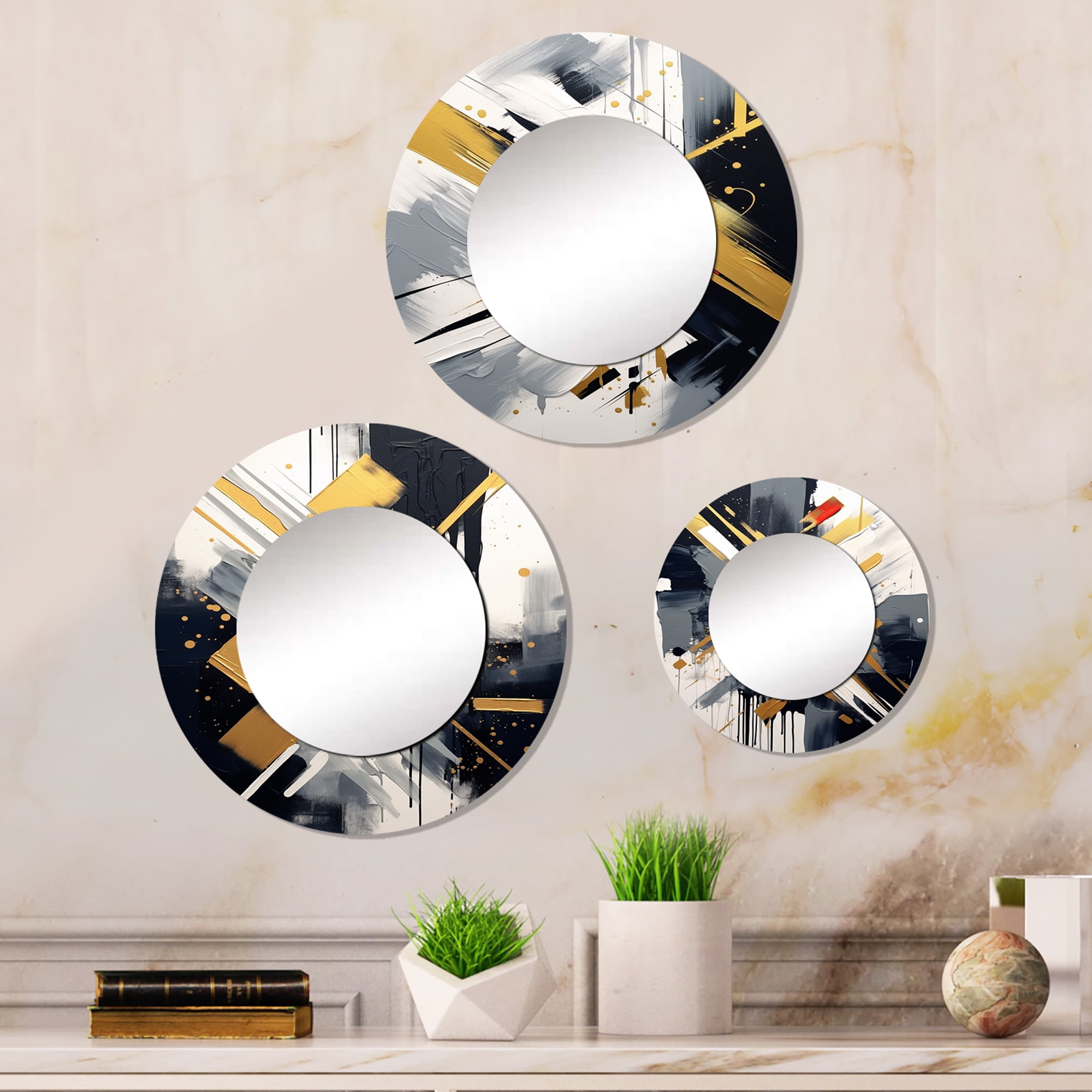Designart "Abstract Angles in Gold and Black III" Cubism Round Mirror ...