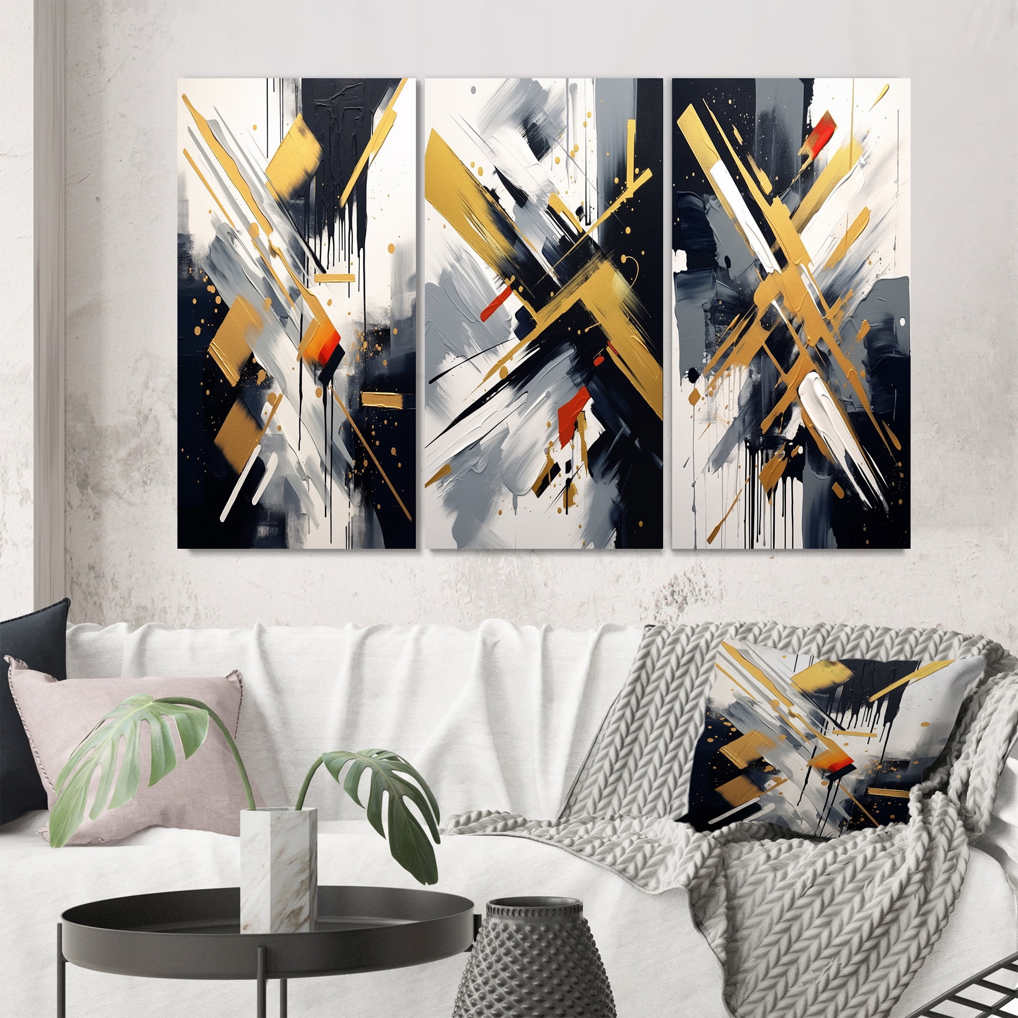 Designart "Abstract Angles in Gold and Black III" Cubism Wall Art Set ...