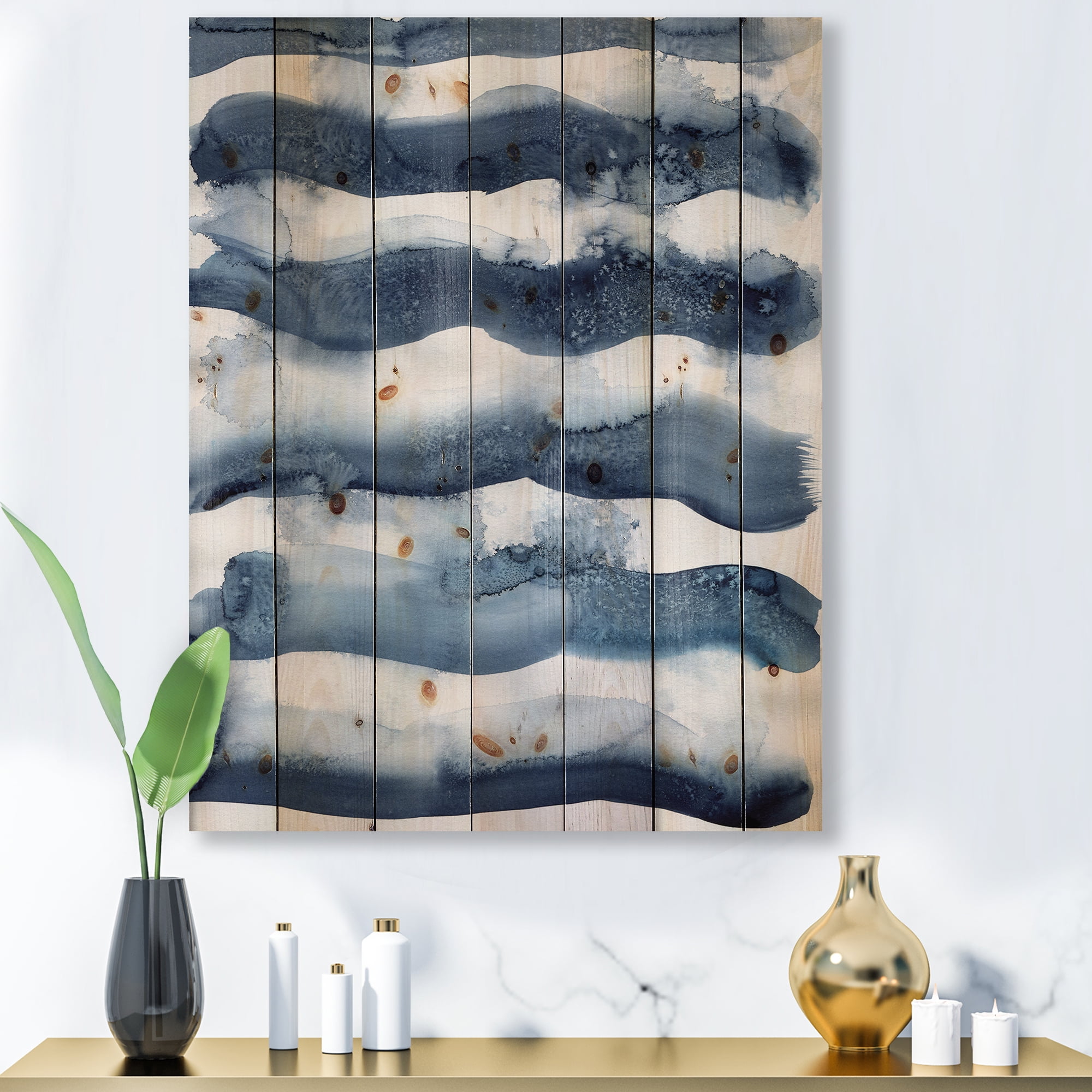 Designart 'Abstract Blue Classic Waves' Modern Print on Natural Pine ...