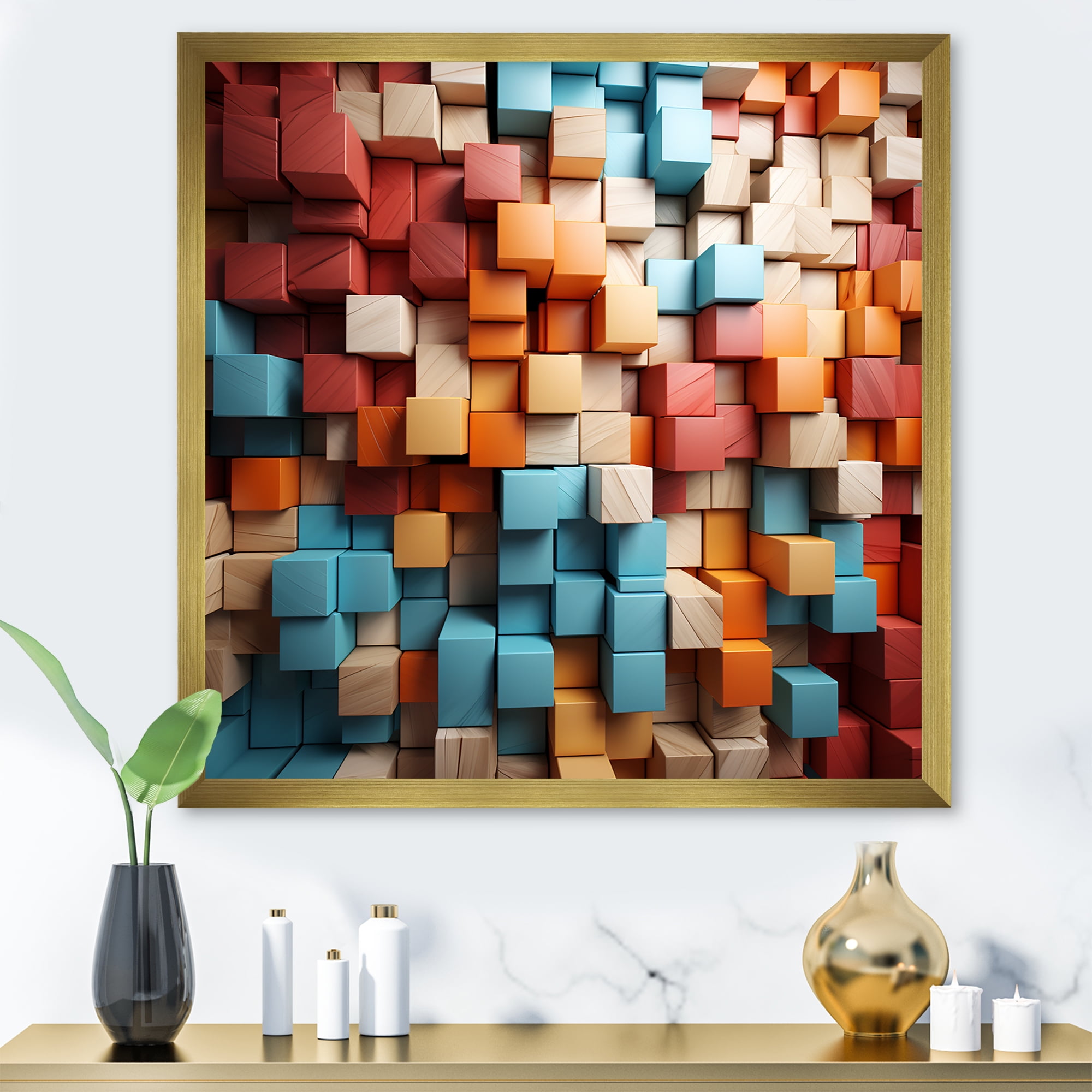 Designart "Abstract Cubes in Blue and Red I" Abstract Framed Wall Art ...