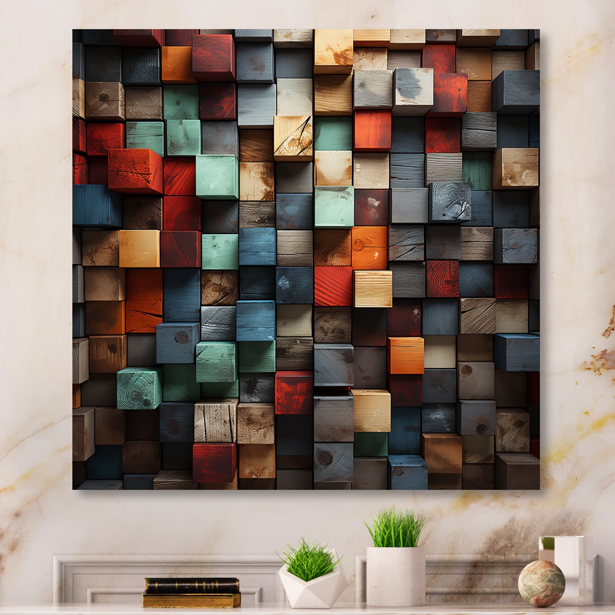 Designart "Abstract Cubes in Blue and Red II" Abstract Wall Art ...