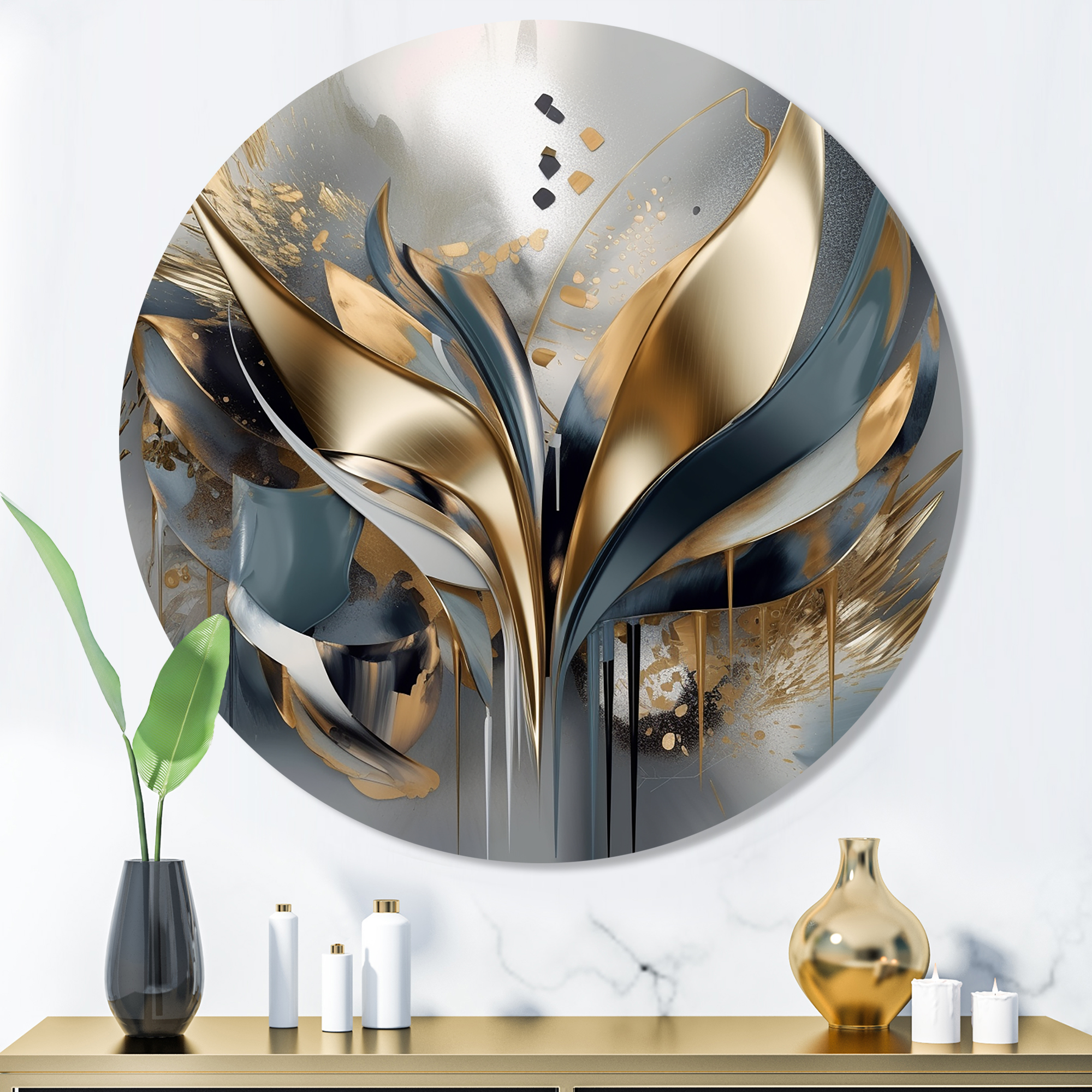 Designart "Abstract Harmony Shapes and Lines IV" Abstract Marble Metal ...