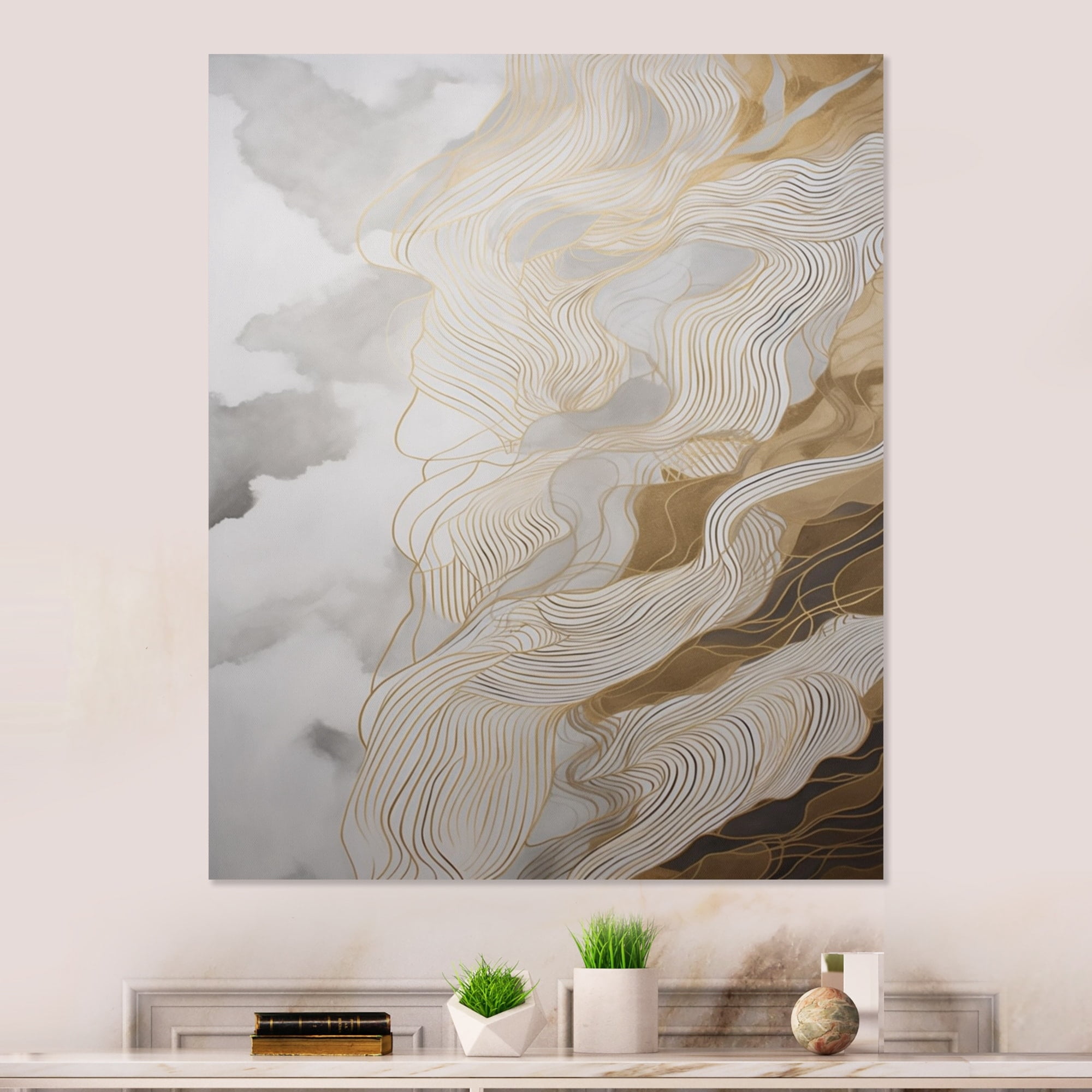 Designart "Abstract Line Artistry Gold and Grey III" Minimalism Line ...