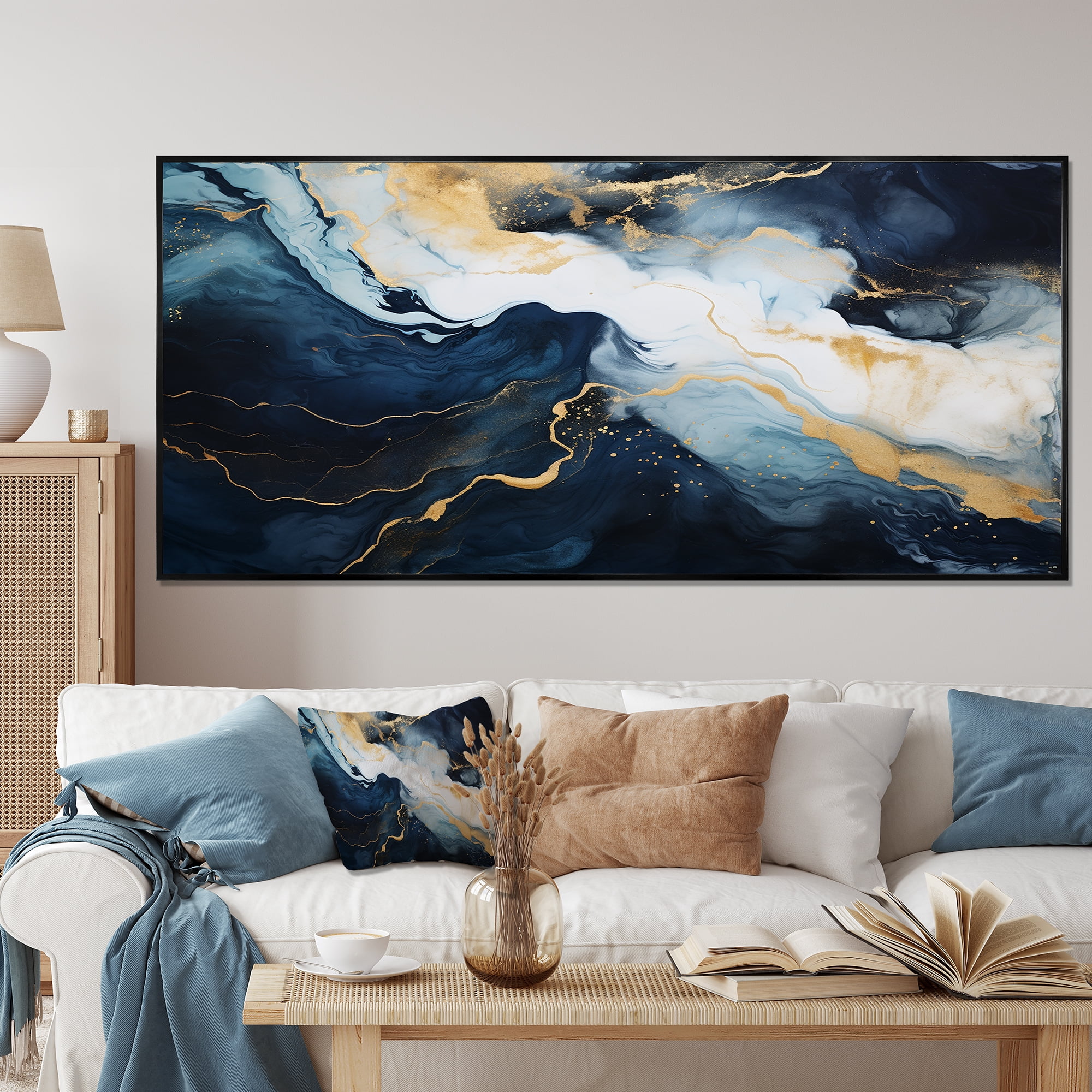 Designart "Abstract Painting Gold and Blue Marble IV" Extra Large ...