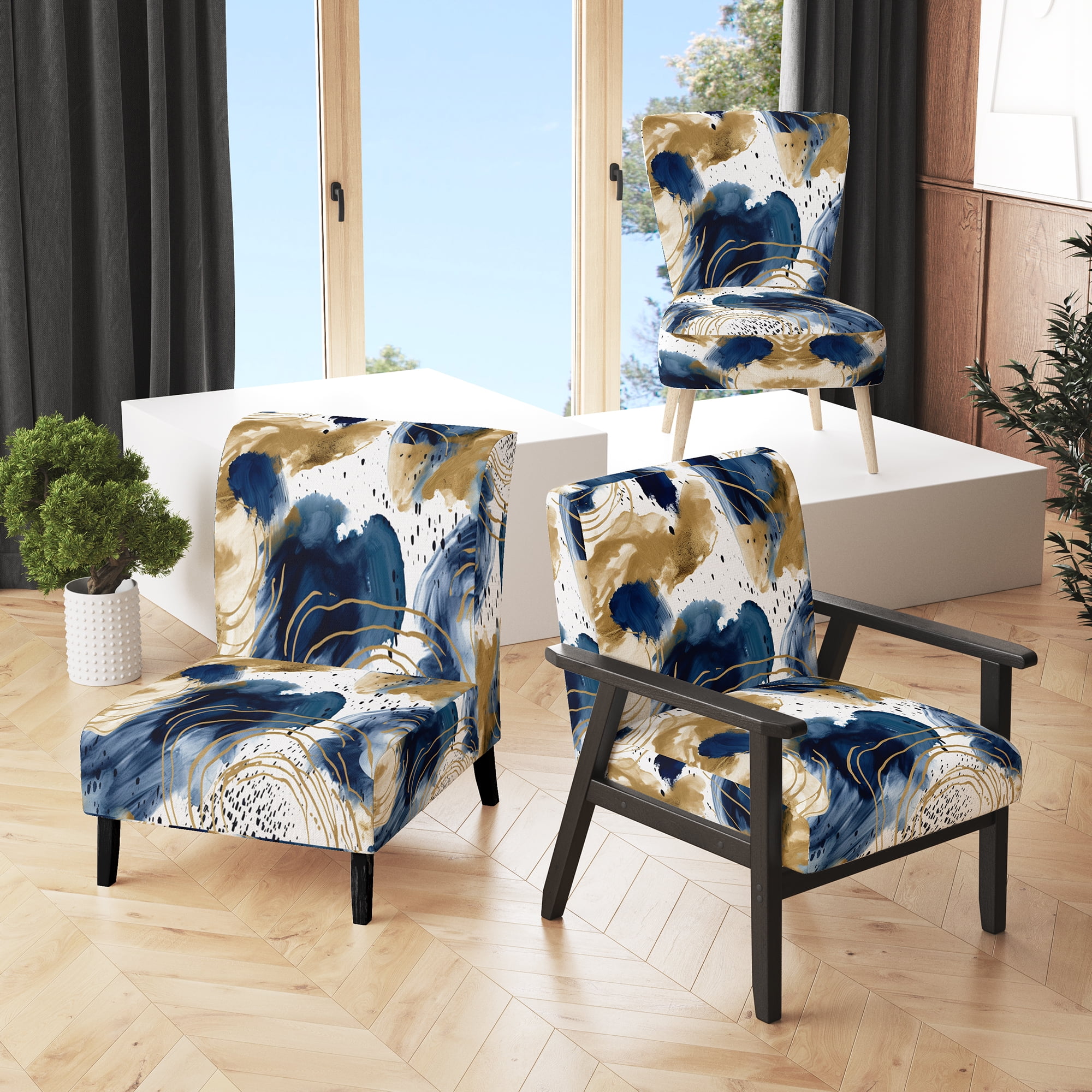 Designart "Abstract Pattern With Blue & Golden Textures II" Upholstered ...