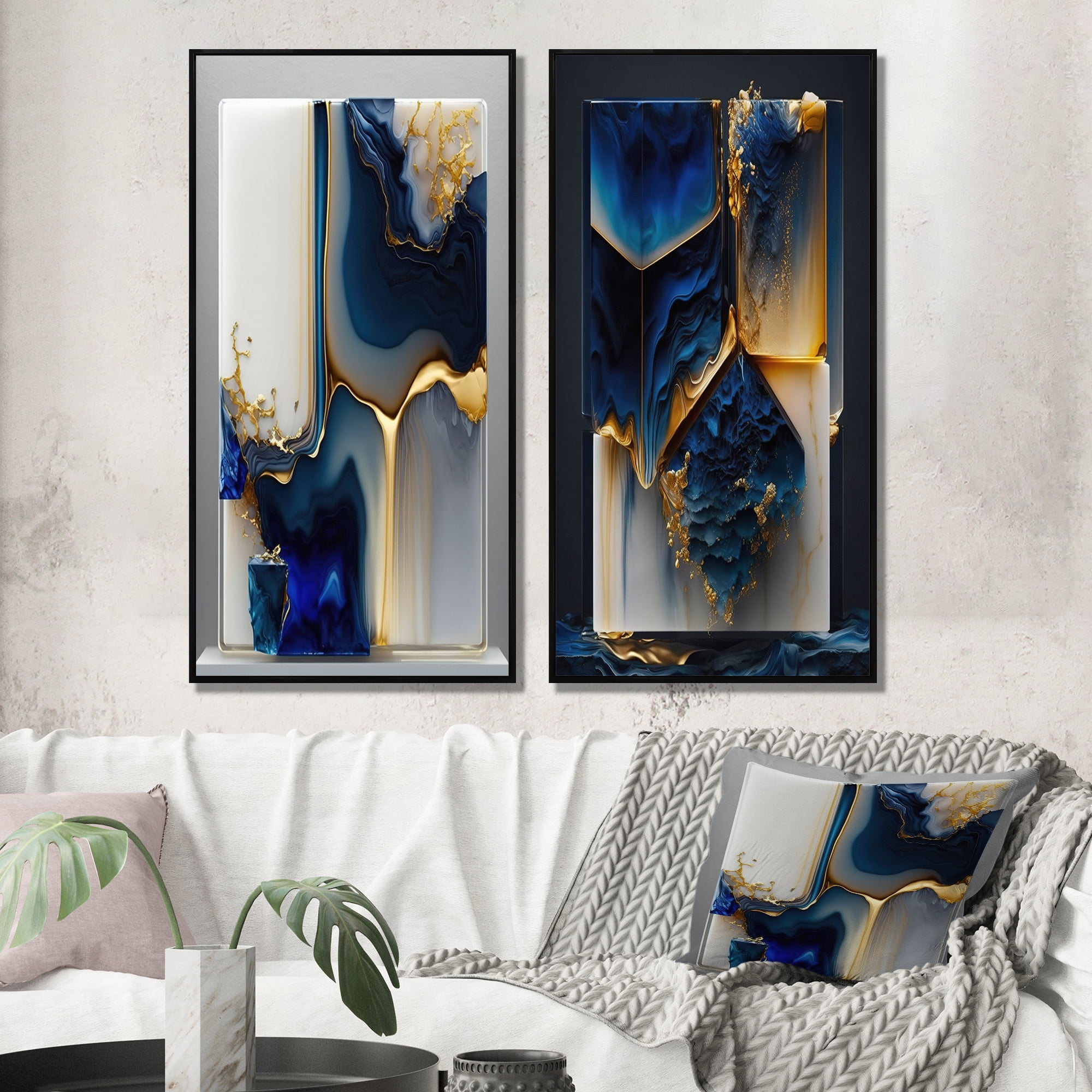 Designart "Abstract Shape in Golden and Blue Marble I" Abstract Marble ...