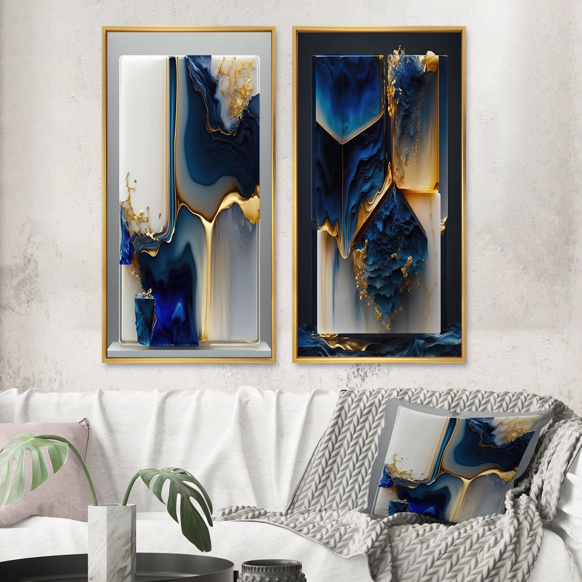 Designart "Abstract Shape in Golden and Blue Marble I" Abstract Marble ...