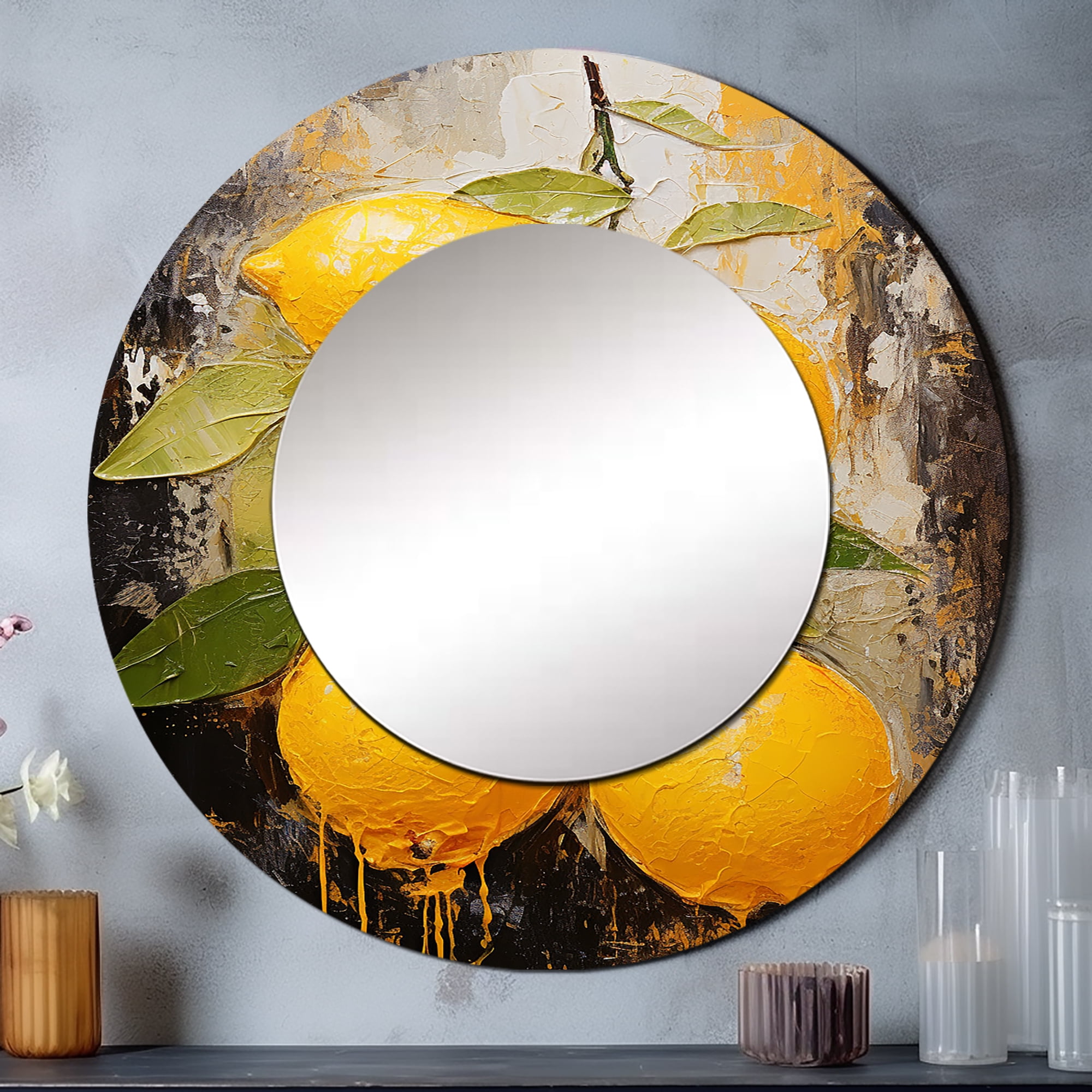 Designart "Abstract Shapes with Lemon Loops I" Abstract Shapes Yellow Large Round Mirror - Round ...