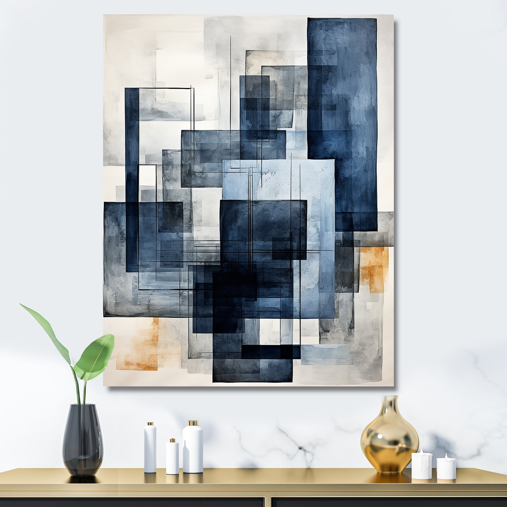 Designart "Abstract Shapes With Indigo Illusion" Abstract Shapes Canvas ...