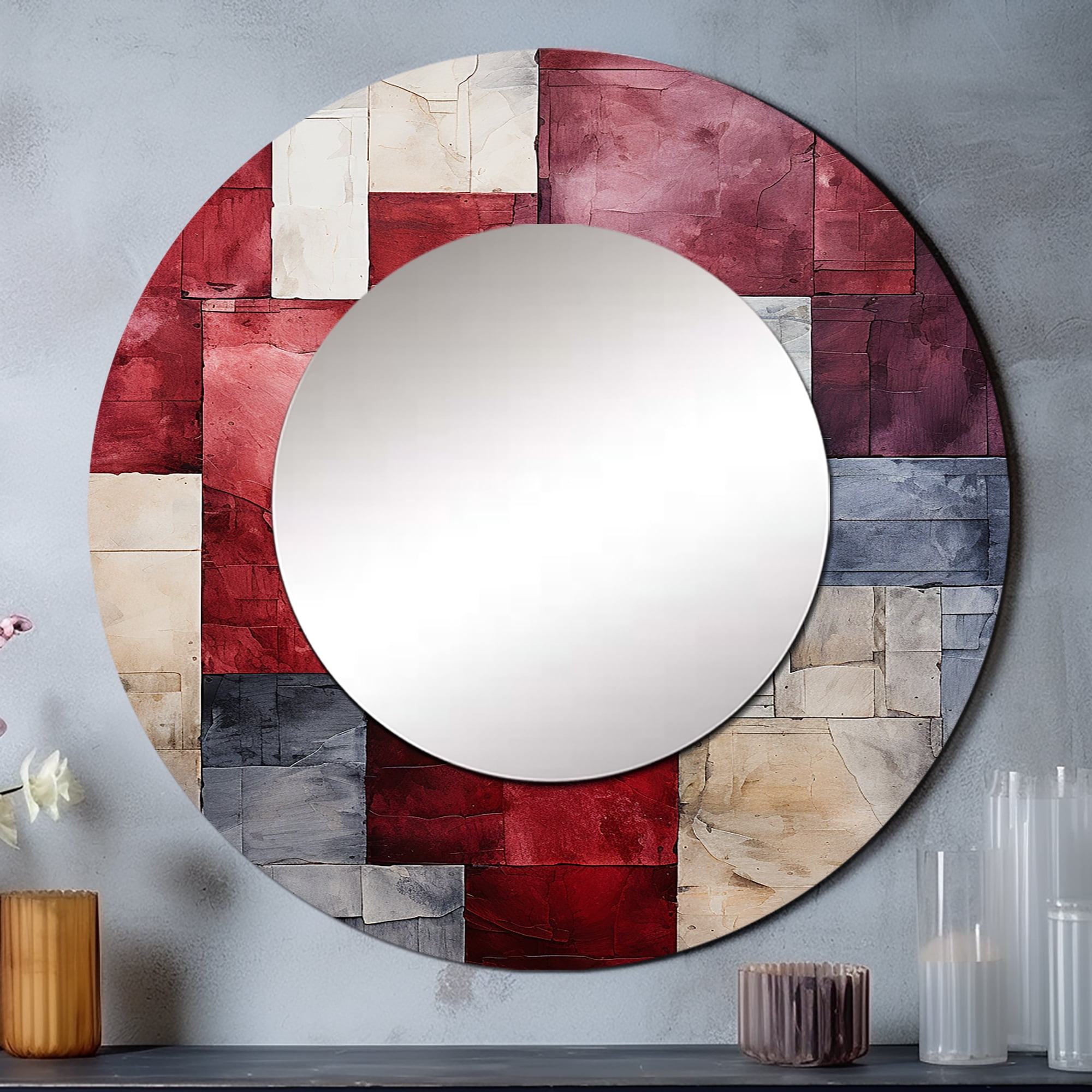 Designart "Abstract Shapes With Maroon Mosaics" Abstract Shapes Round ...