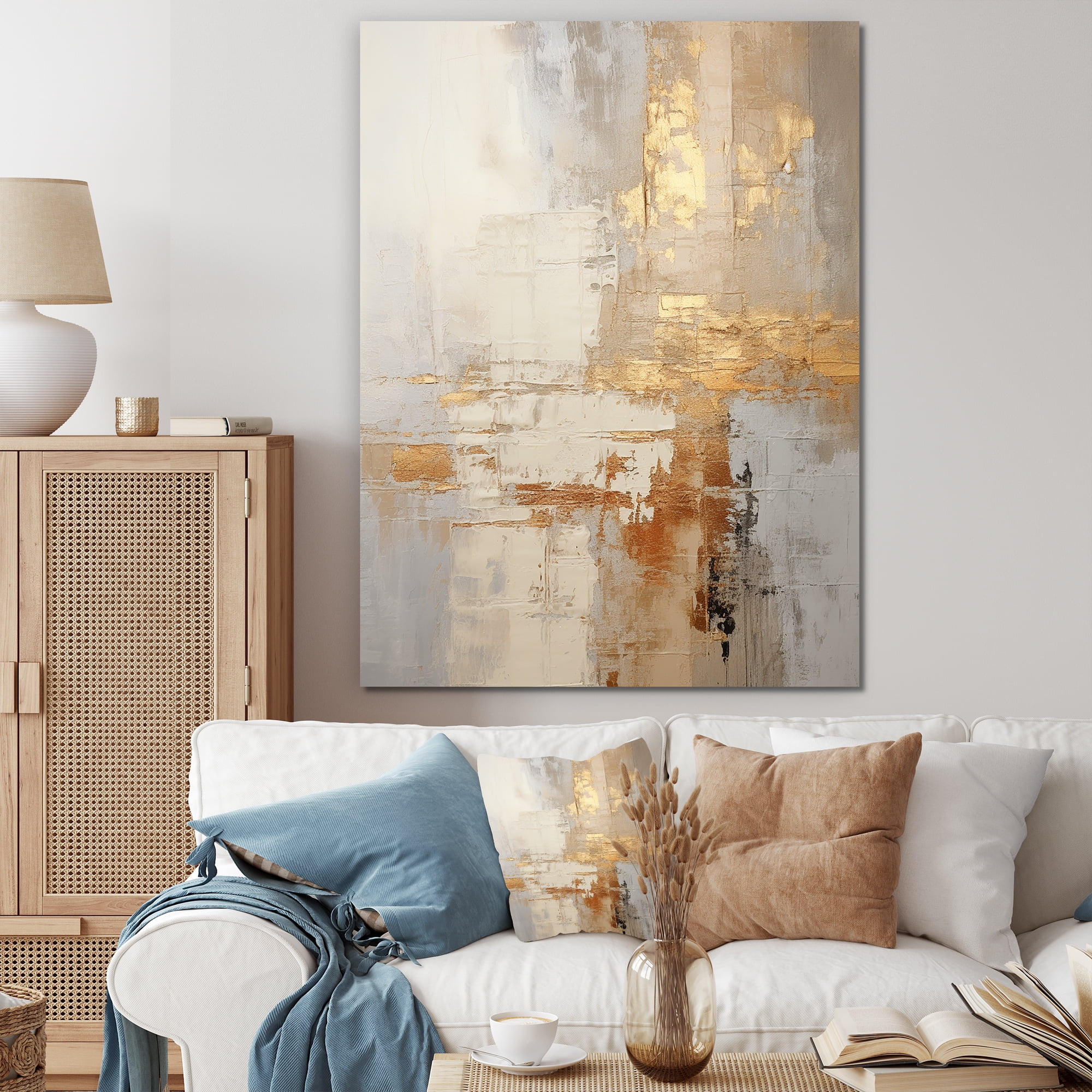 Designart "Abstract Split In Gold And White" Abstract Shapes Wall Decor ...