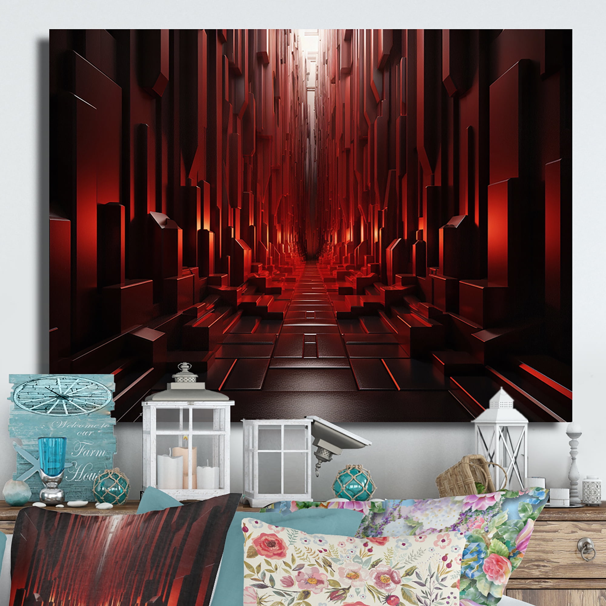 Designart "Abstract Square Tunnel in Red Wood I" Tunnels Metal Art ...