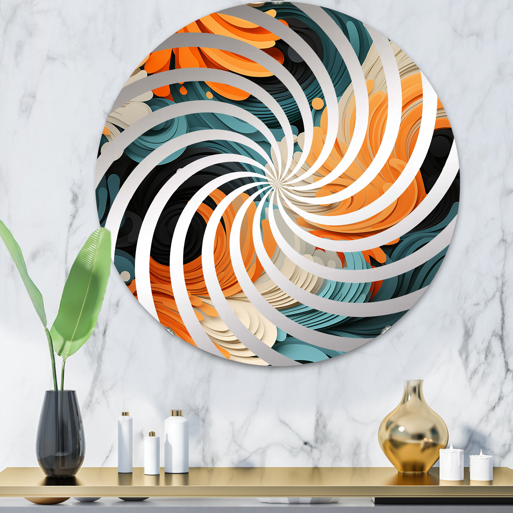 Designart "Abstract Waves in Orange and Teal" Abstract Vortex Round ...