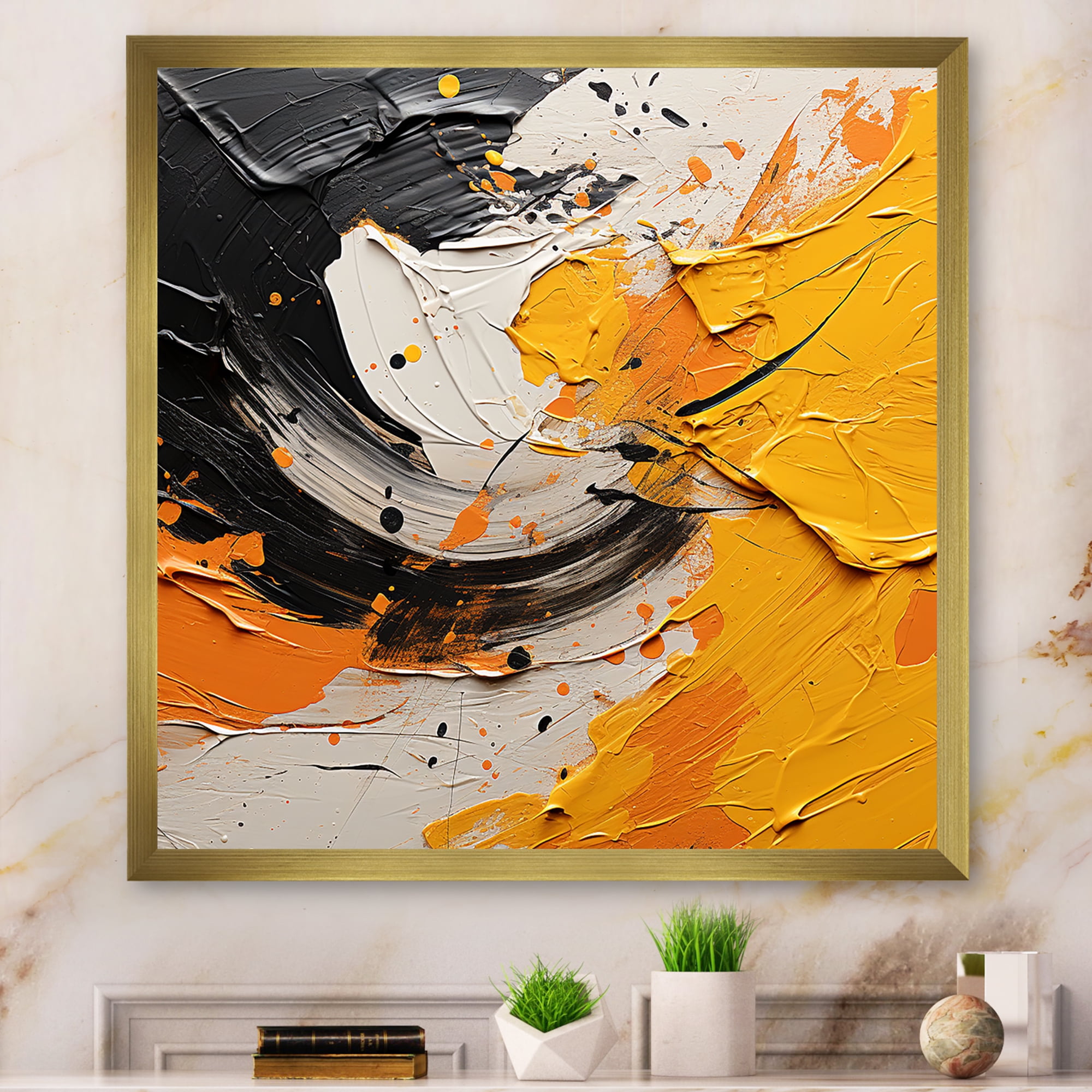 Designart "Abstract Yellow and Black Swirl Composition" Abstract Framed ...