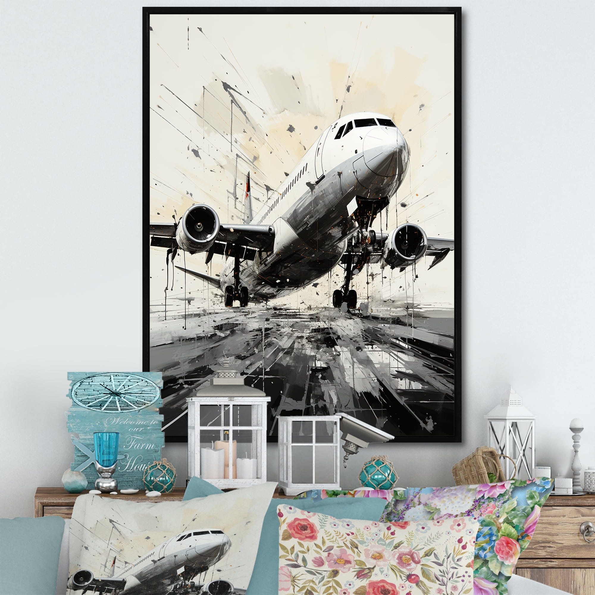 Designart "Abstracted Flight Path of the Plane" Plane Floater Framed ...