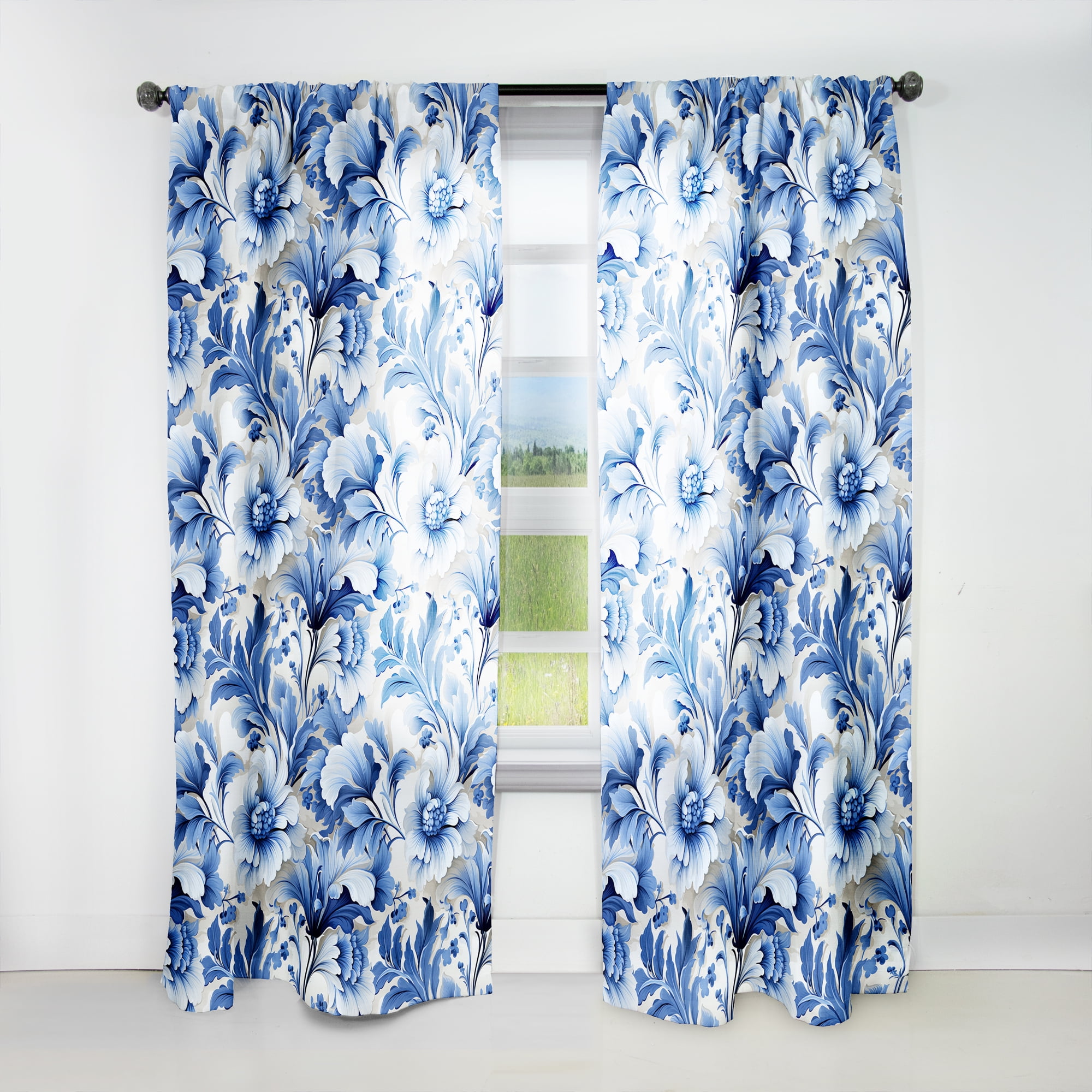 Designart "Acanthus Leaves In Cobalt Blue" Floral Curtain Panels ...