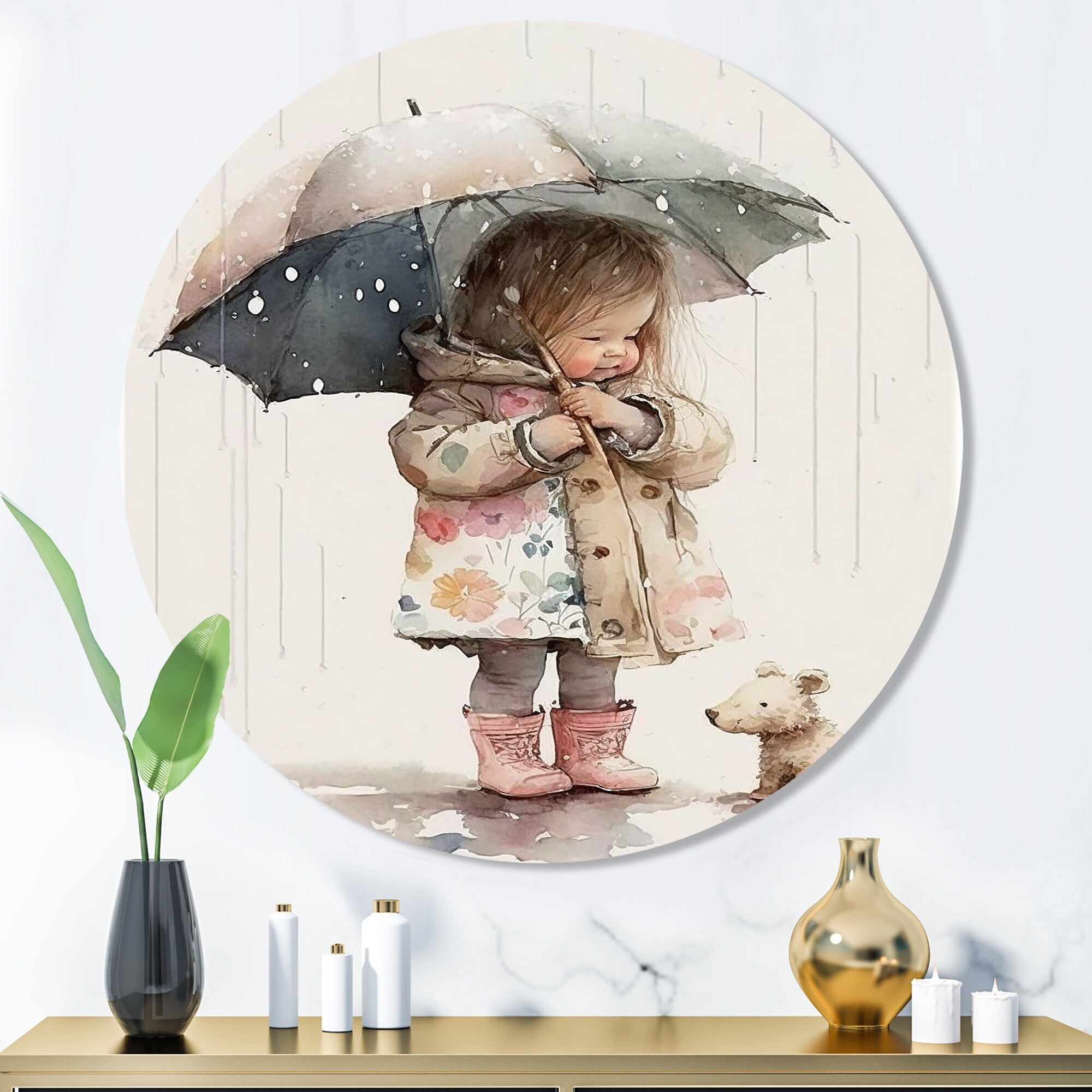 Designart "Adorable Baby with Umbrella on a Rainy Day" Children'S Art ...