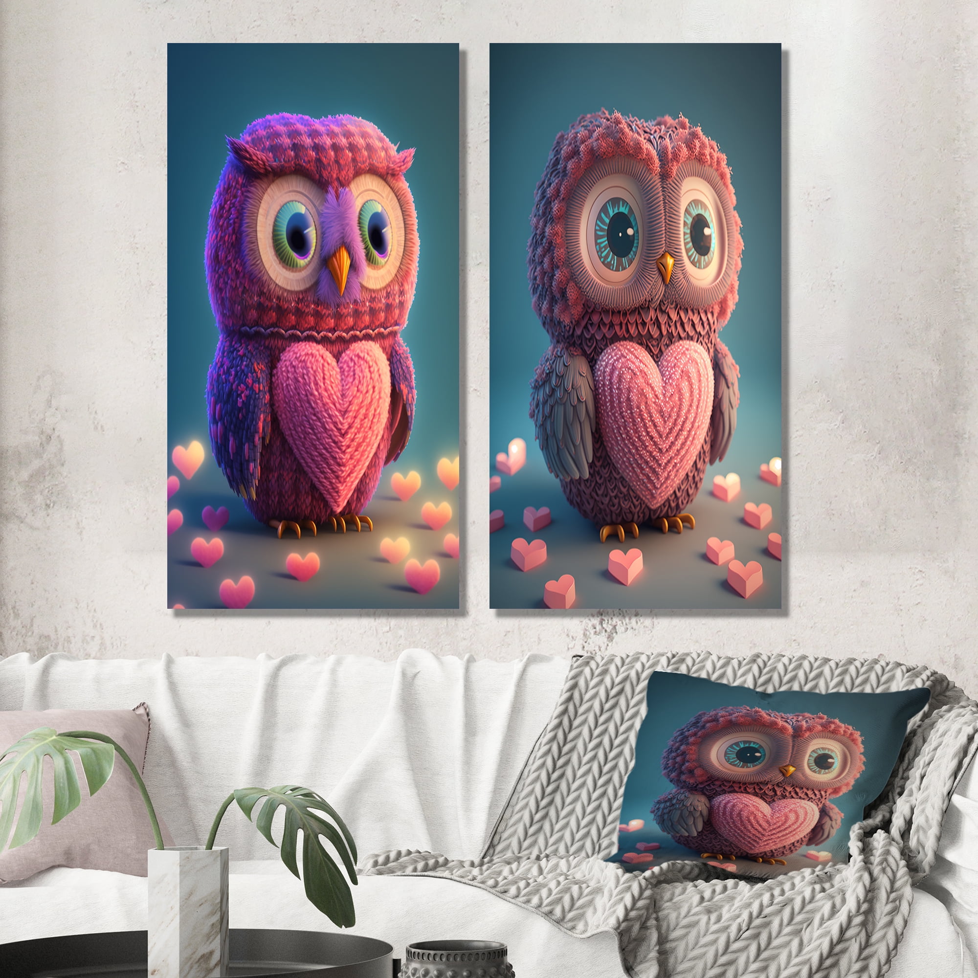 Designart "Adorable Knitted Pink Heart Owl III" Animals Owl Wall Art ...