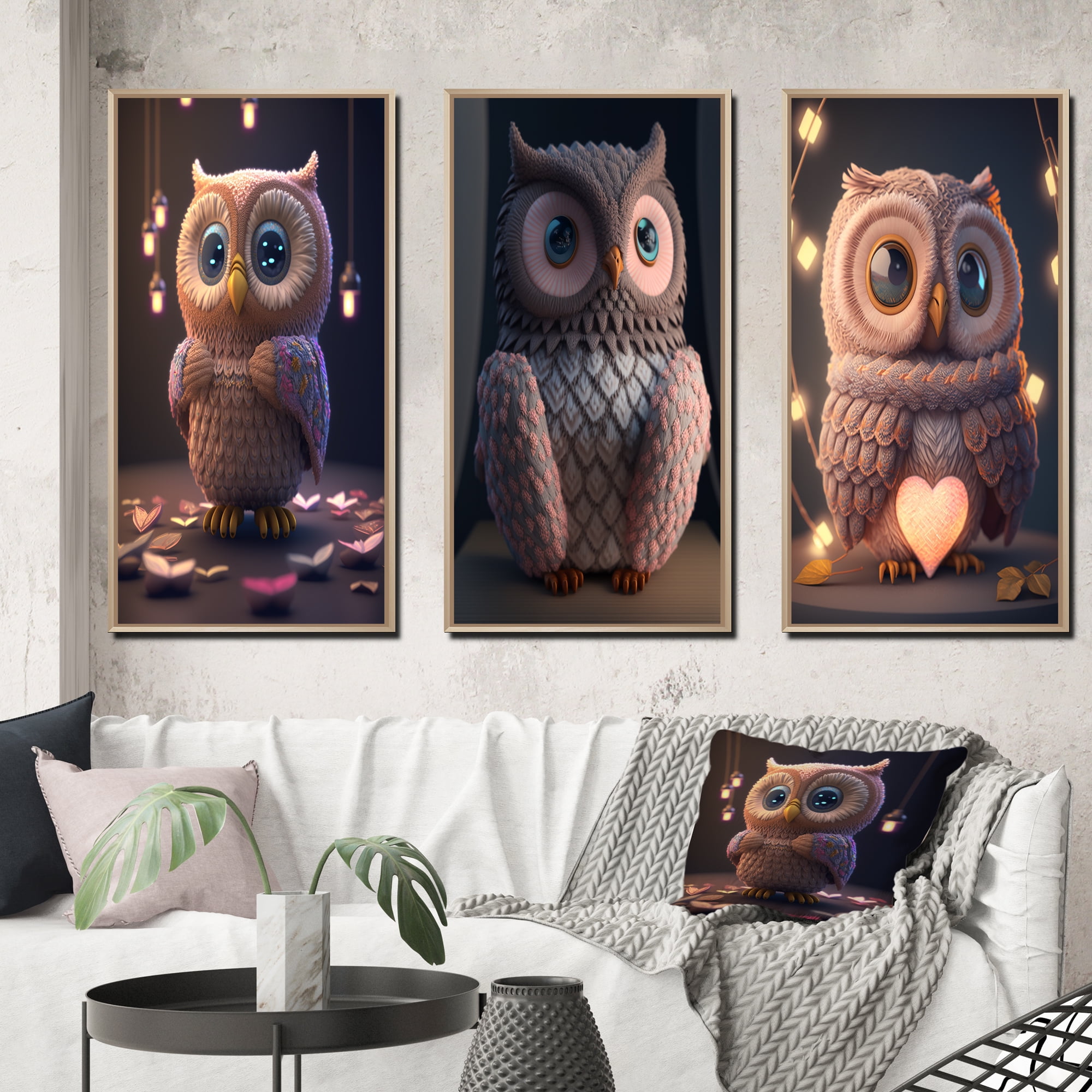 Designart "Adorable Knitted Pink Heart Owl IV" Animals Owl Framed Wall ...