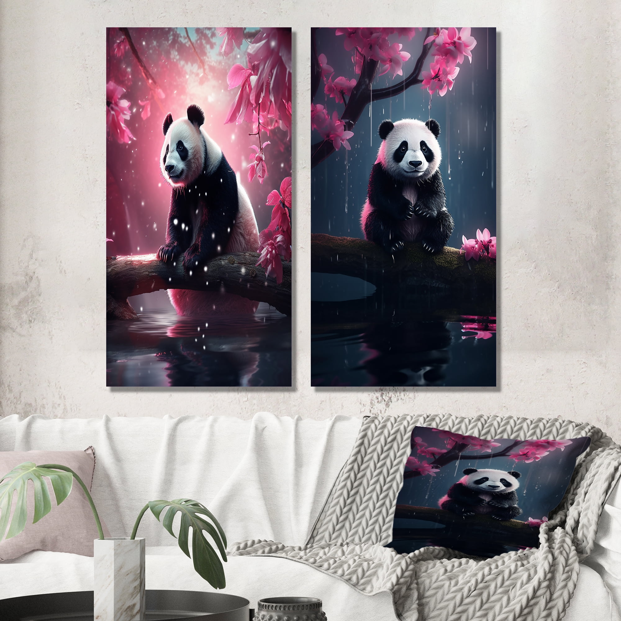 Designart "Adorable Panda on Branch Amid Pink Flowers I" Animals Panda ...