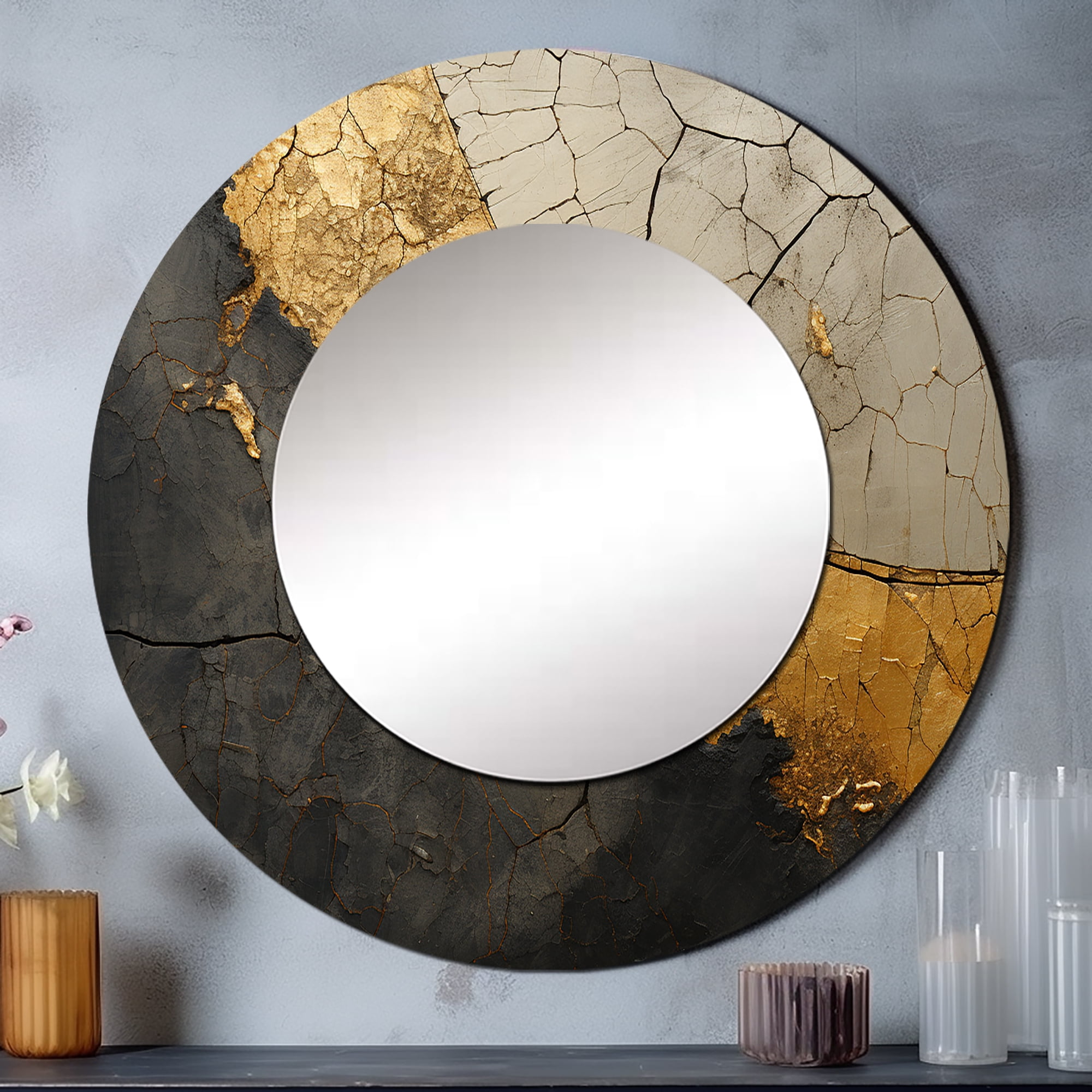 Designart "Adorned Gold And Black Pottery" Abstract Spirals Rund Mirror ...
